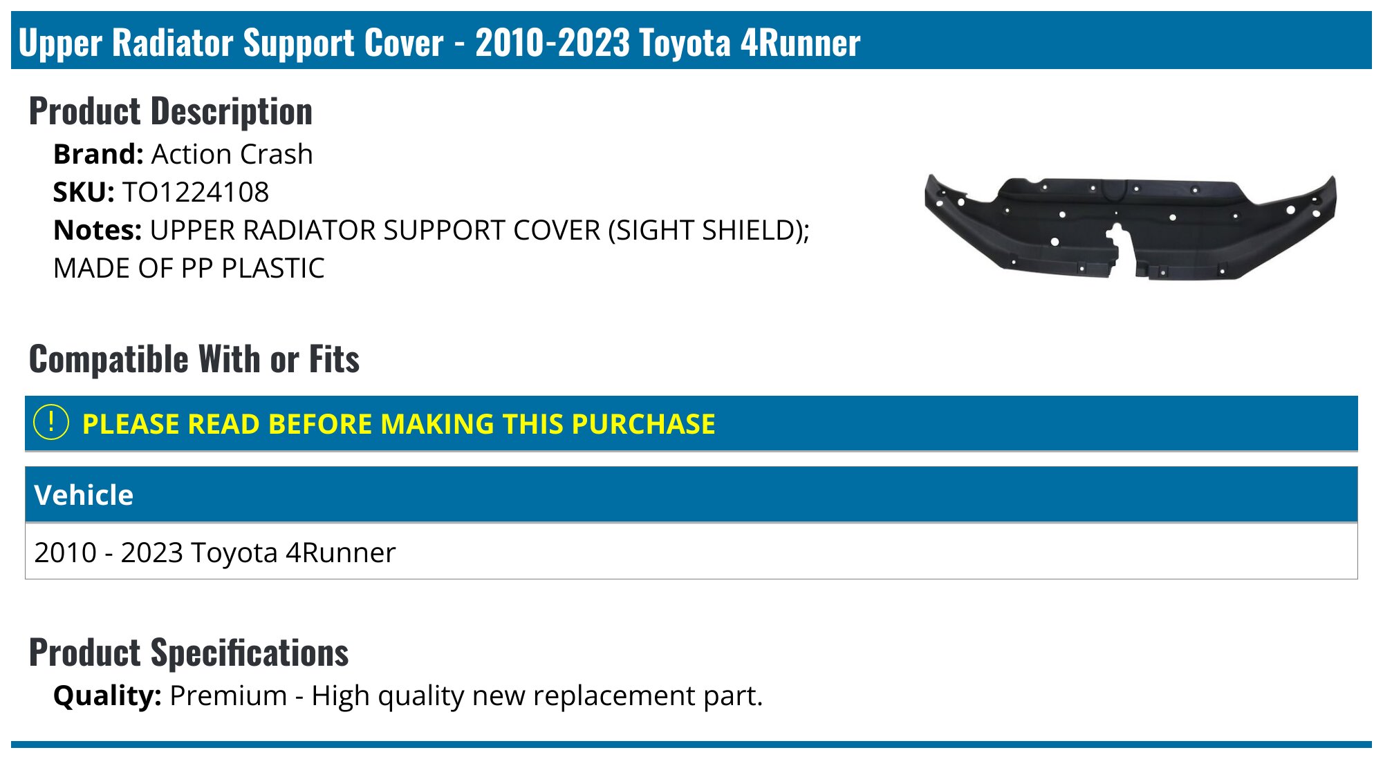 2010-2024 Toyota 4Runner Radiator Support Cover - Action Crash ...