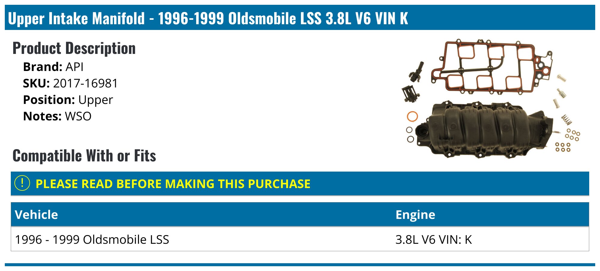 1996-1999 Oldsmobile LSS Intake Manifold - API 4539-07942996 - Upper ...