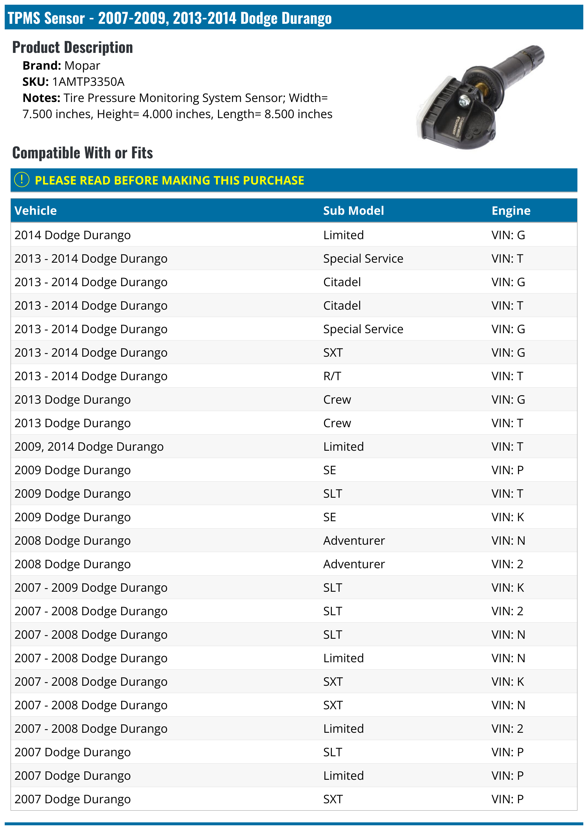 2007-2009, 2013-2014 Dodge Durango Tire Pressure Monitoring Sensor ...
