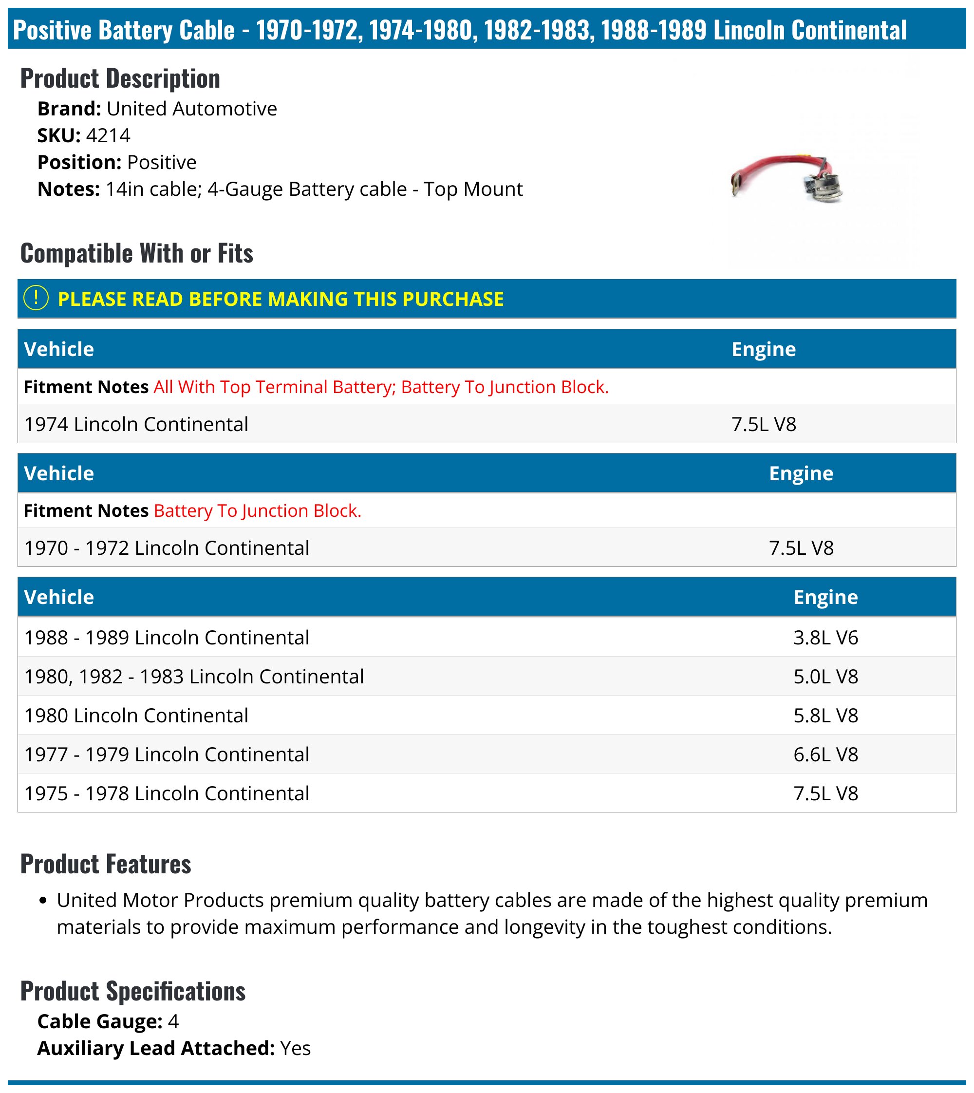 1970-1972, 1974-1980, 1982-1983, 1988-1989 Lincoln Continental Battery ...