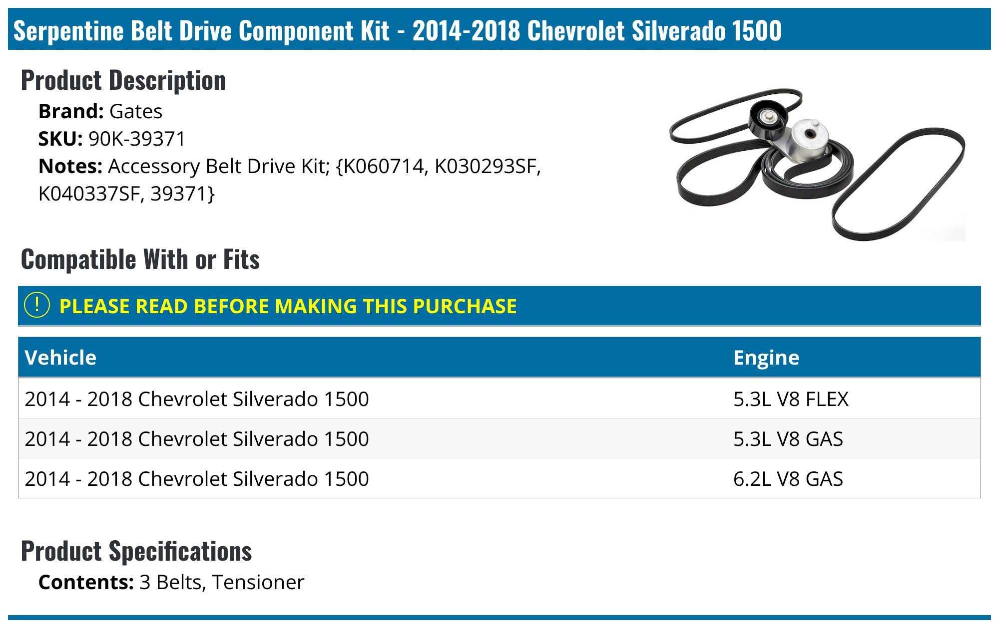 2014-2018 Chevrolet Silverado 1500 Accessory Drive Belt - Gates 90K ...