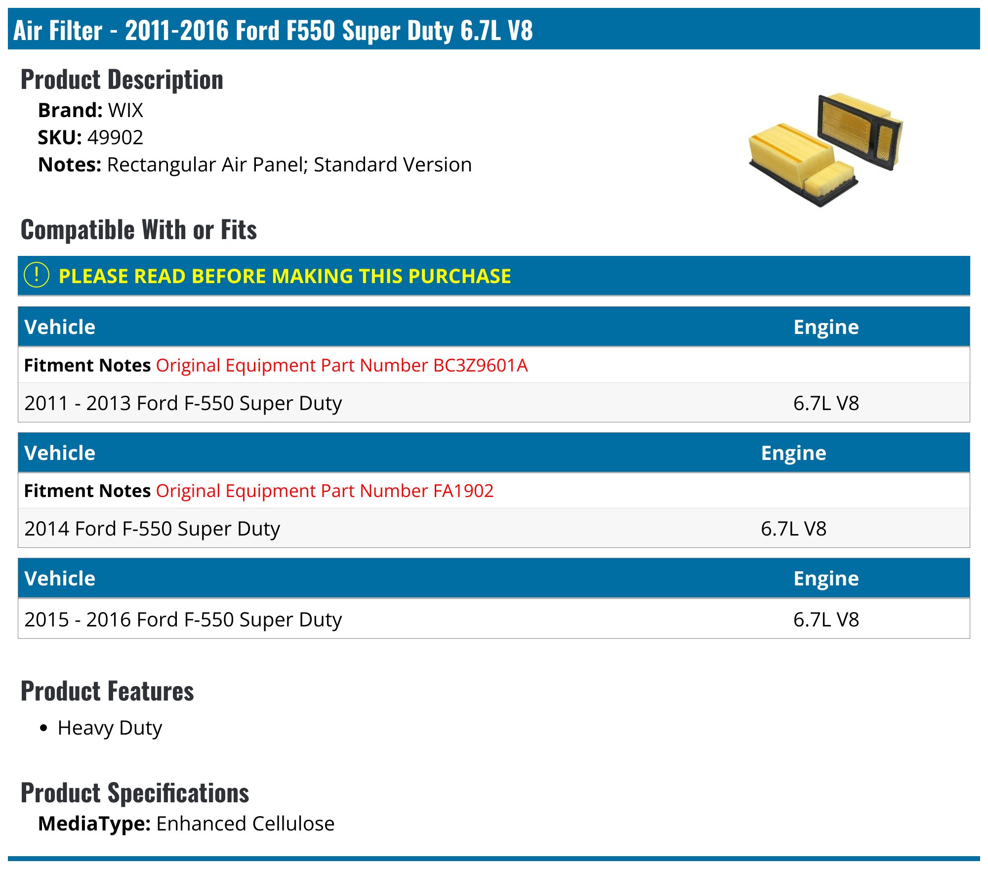 2011-2017 Ford F550 Super Duty Air Filter - WIX 49902 - PartsGeek.com