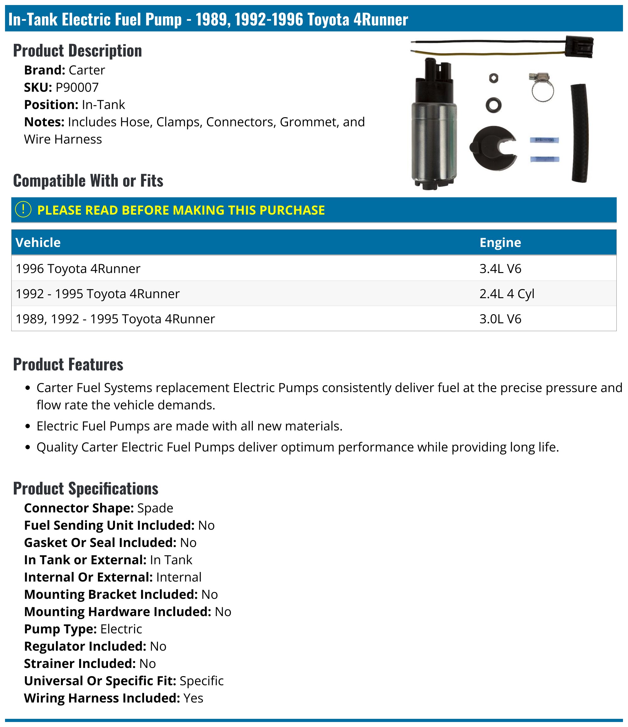 1992-2002 Toyota 4Runner Fuel Pump - Carter P90007 - PartsGeek.com