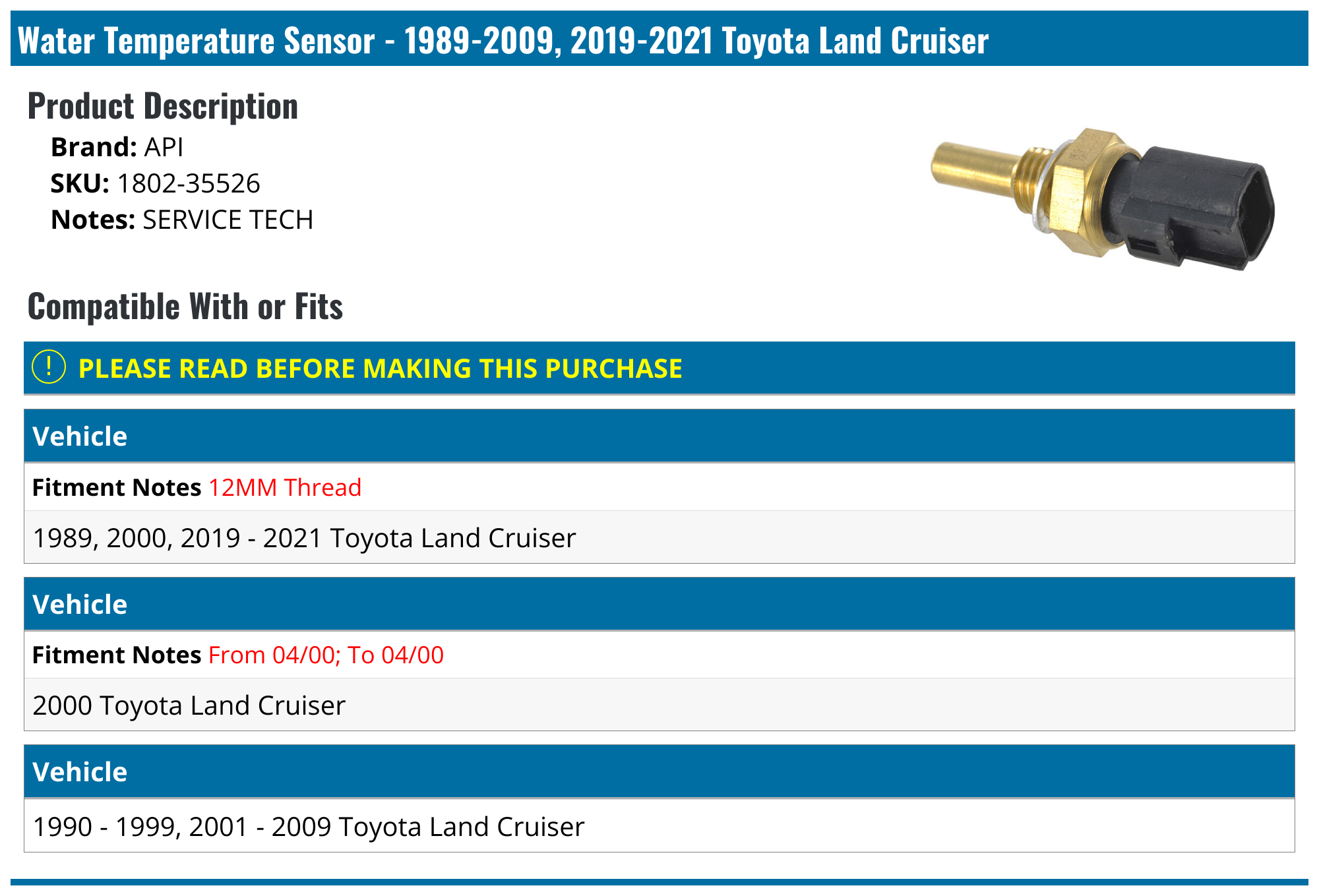 1989-2009, 2019-2021 Toyota Land Cruiser Water Temperature Sensor - API ...