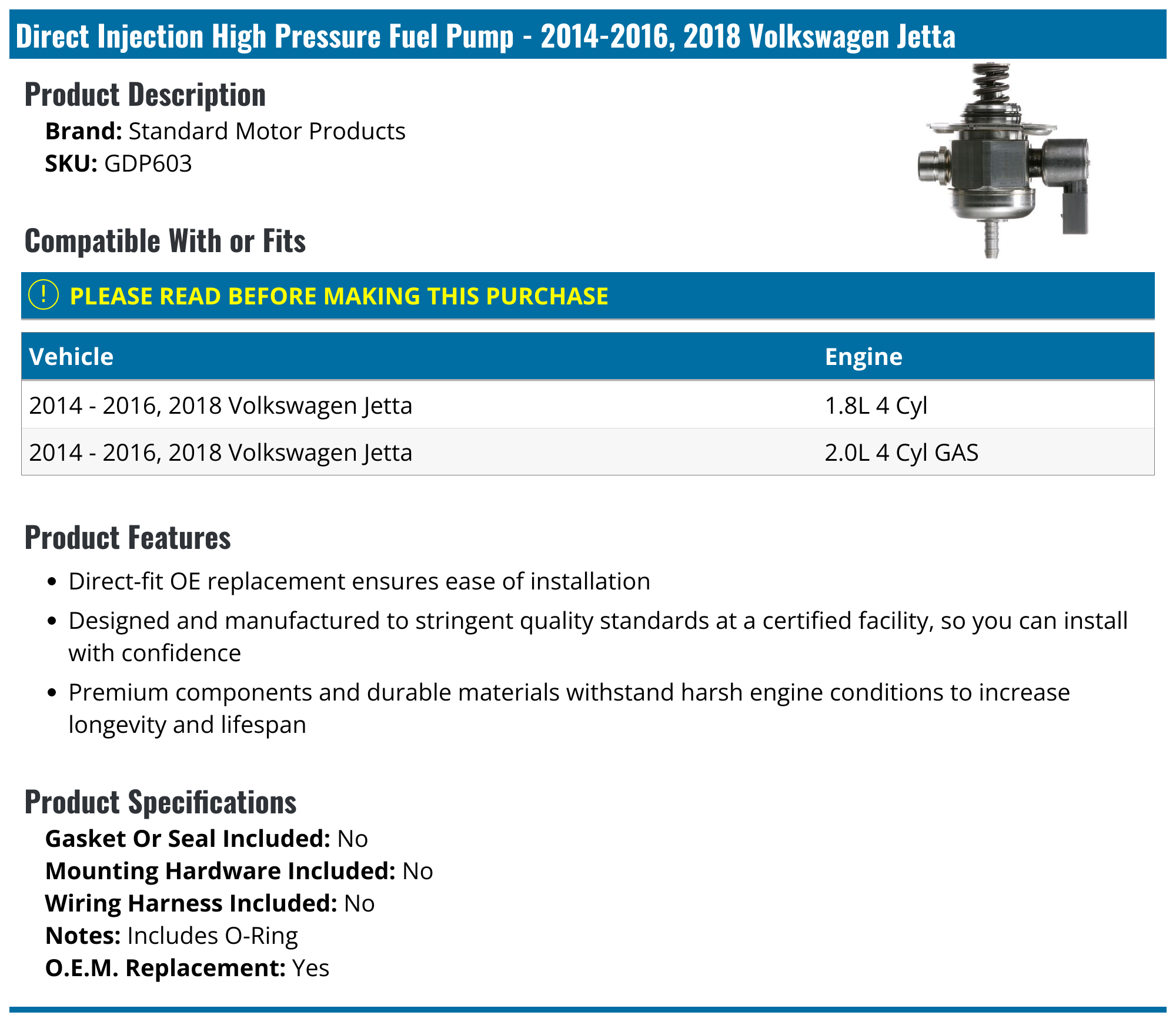 2014-2016, 2018 Volkswagen Jetta Fuel Pump - Standard Motor Products ...