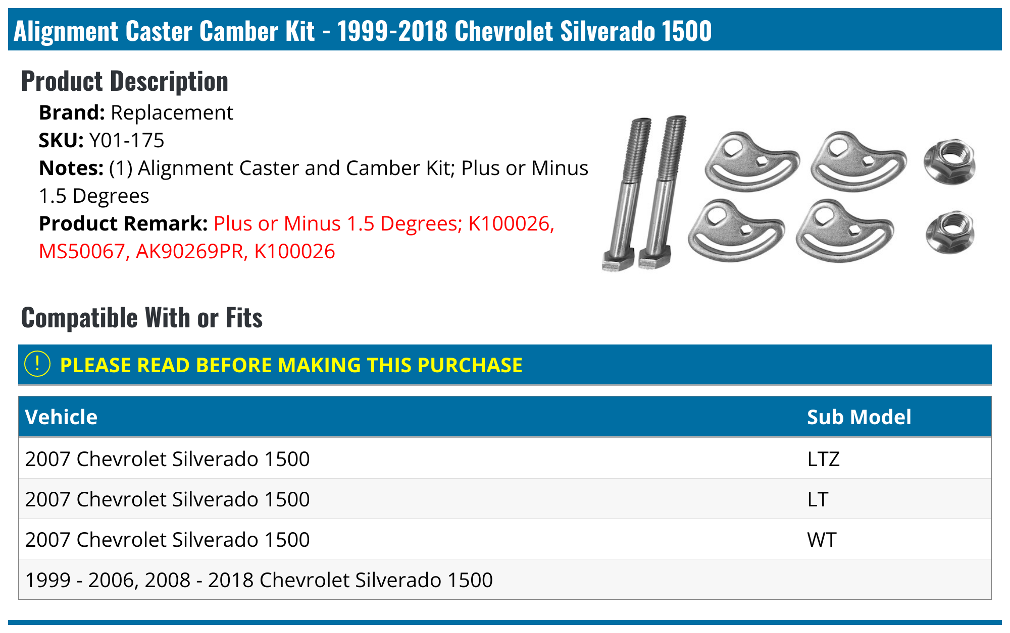 1999-2018 Chevrolet Silverado 1500 Alignment Caster Camber Kit ...