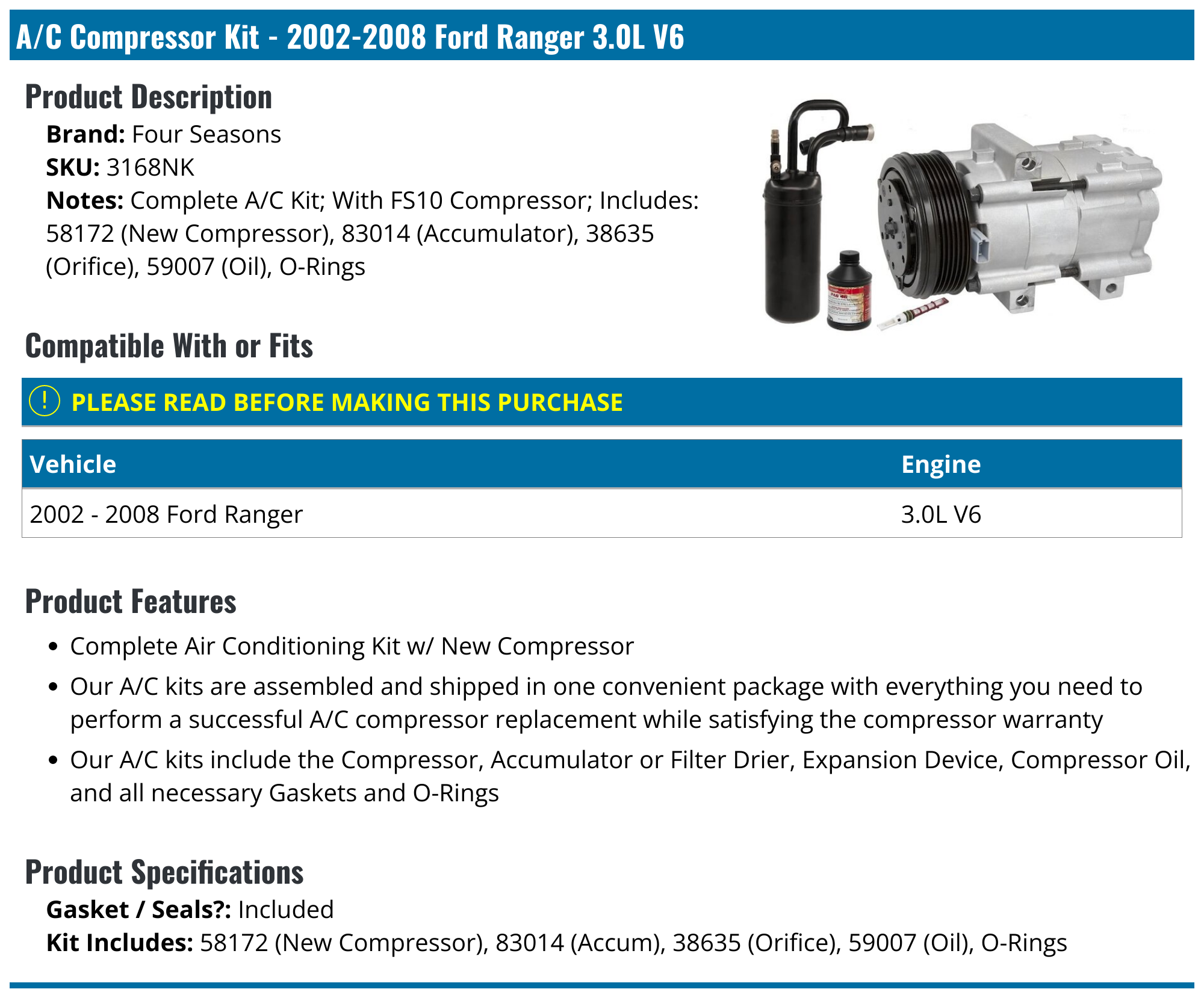 2002-2008 Ford Ranger A/C Compressor - Four Seasons 3168NK - PartsGeek.com