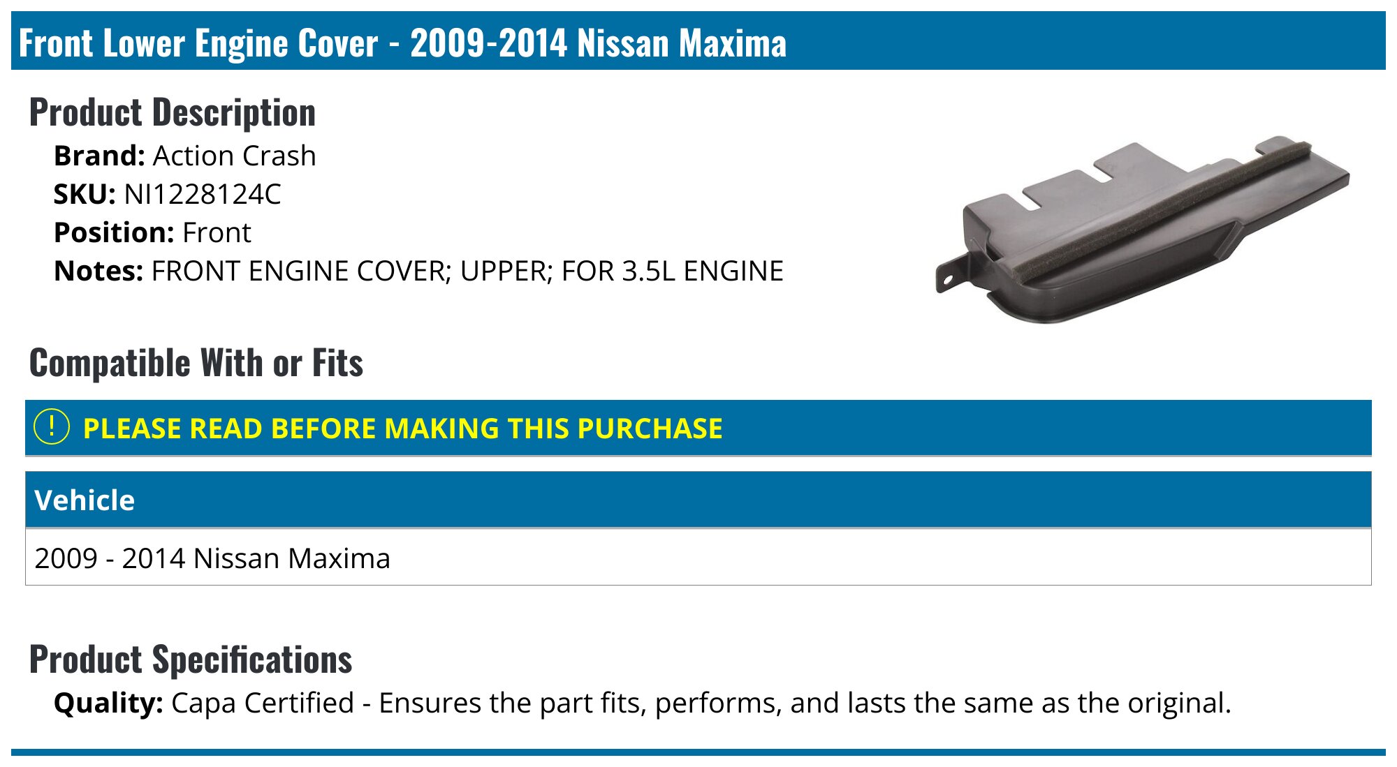 2009-2014 Nissan Maxima Lower Engine Cover - Action Crash NI1228124C ...
