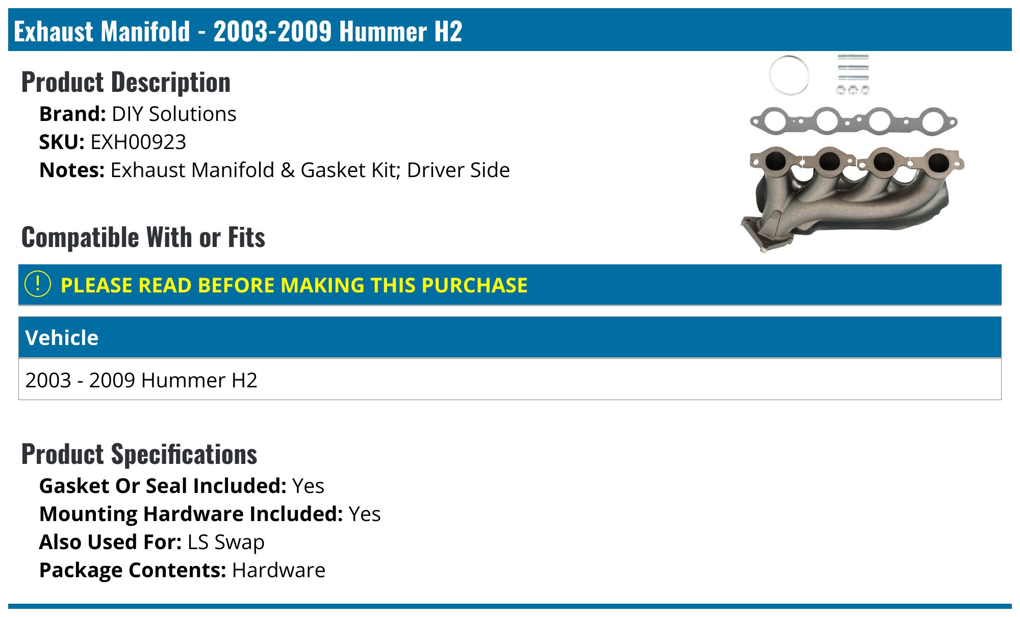 2003-2009 Hummer H2 Exhaust Manifold - DIY Solutions EXH00923 ...