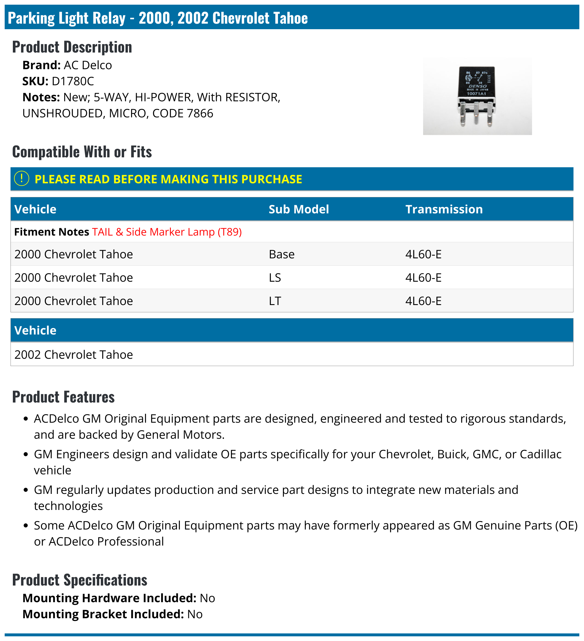 2002 Chevrolet Tahoe Parking Light Relay - AC Delco D1780C - PartsGeek.com