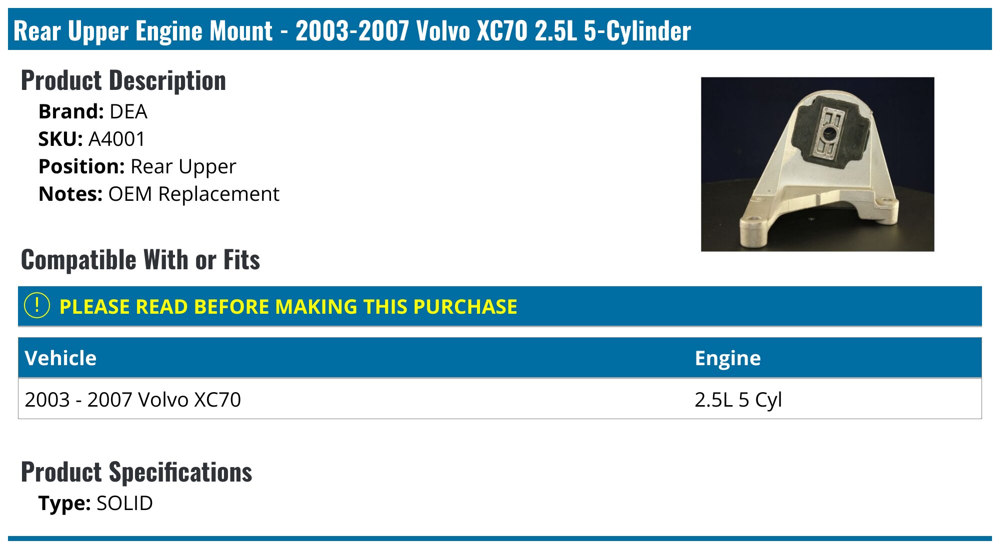 2003-2007 Volvo XC70 Engine Mount - DEA A4001 - Rear Upper - PartsGeek.com