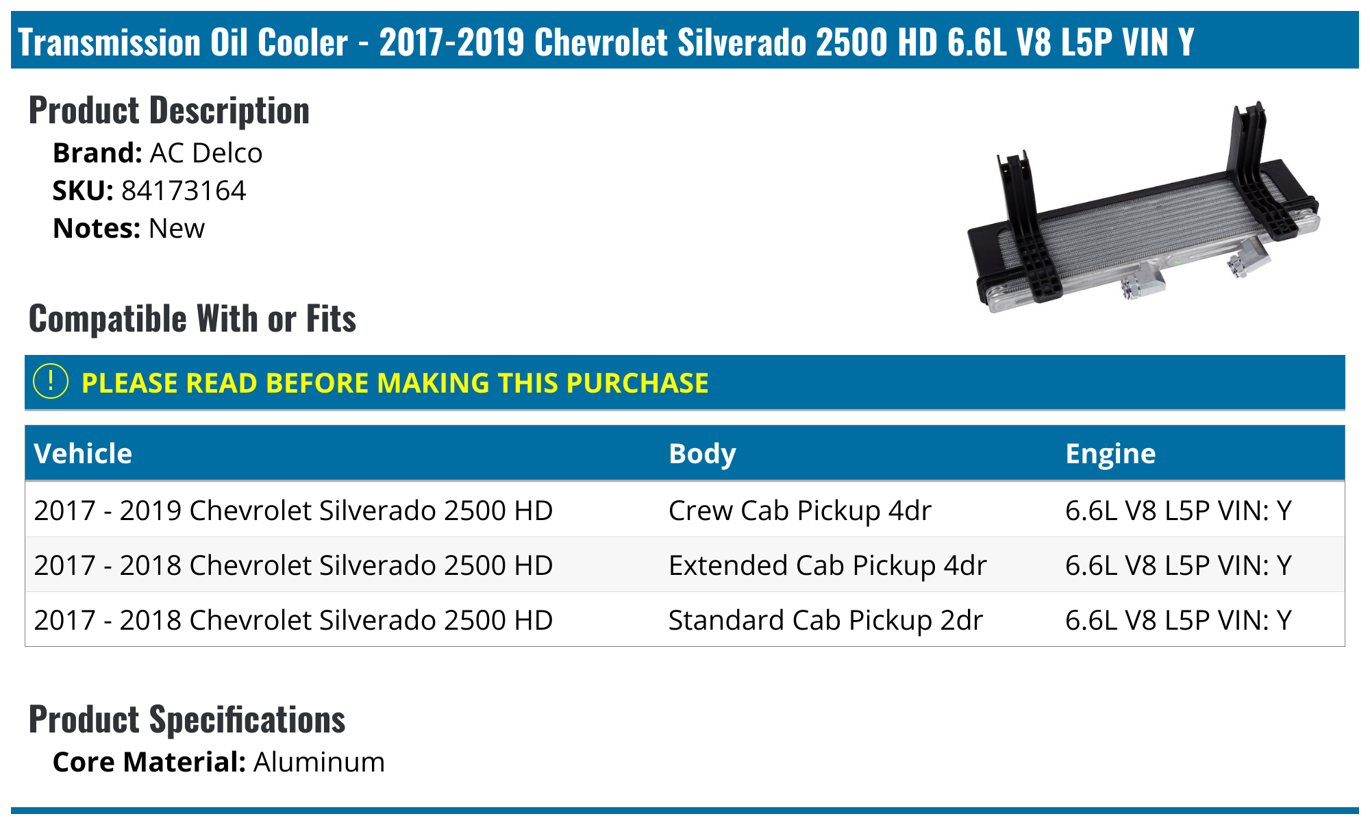 2017-2019 Chevrolet Silverado 2500 HD Automatic Transmission Oil Cooler ...