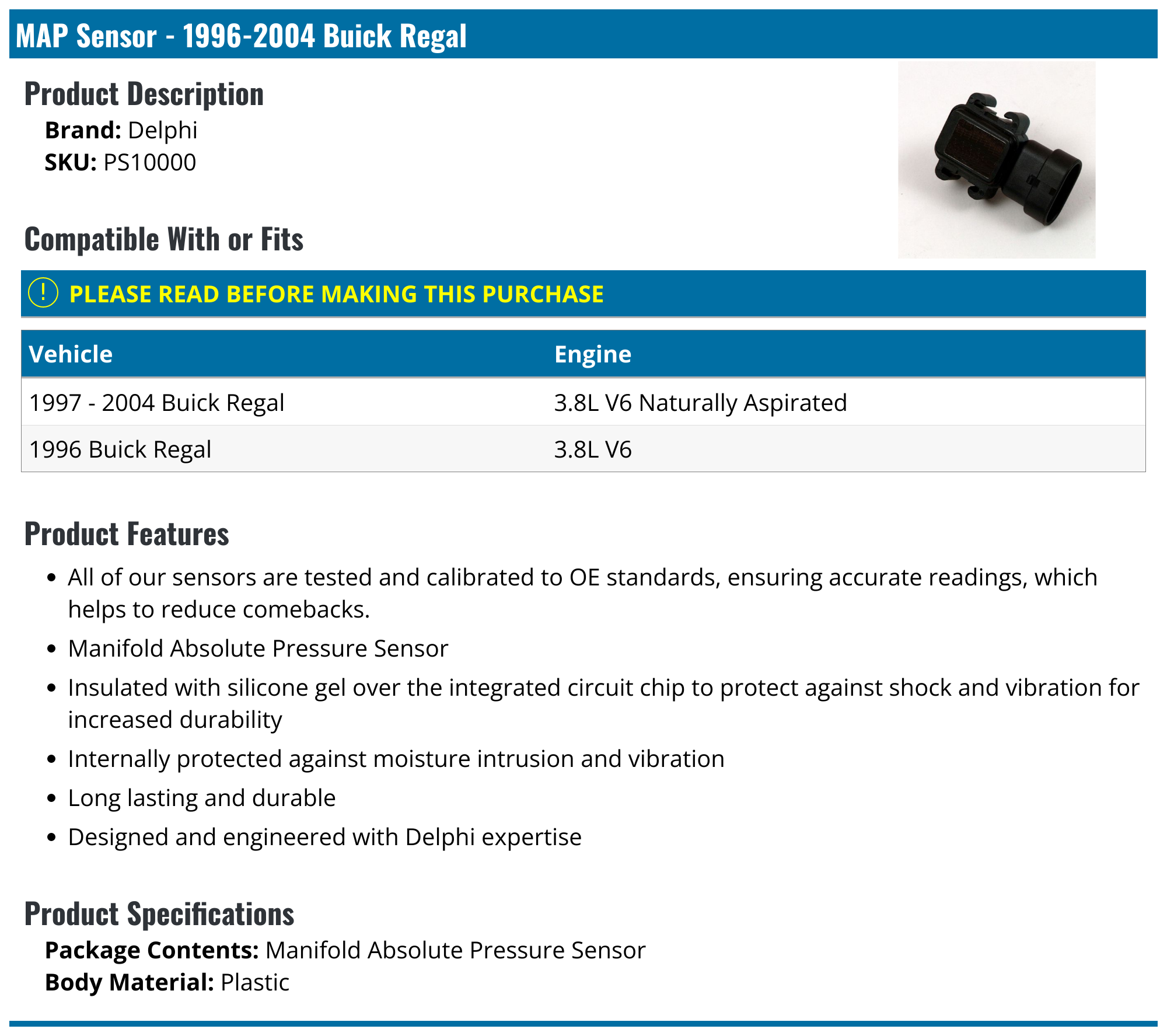1996-2004 Buick Regal MAP Sensor - Delphi PS10000 - PartsGeek.com