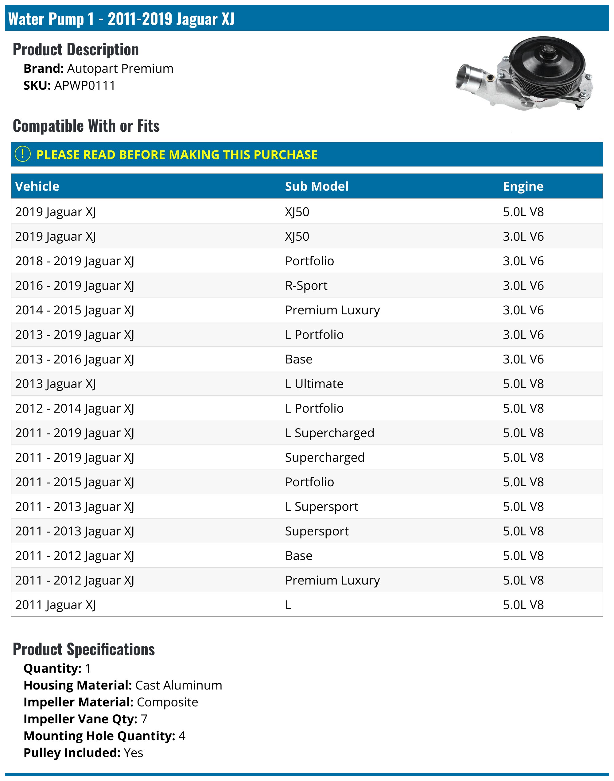 2011-2019 Jaguar XJ Water Pump - Autopart Premium APWP0111 - PartsGeek.com