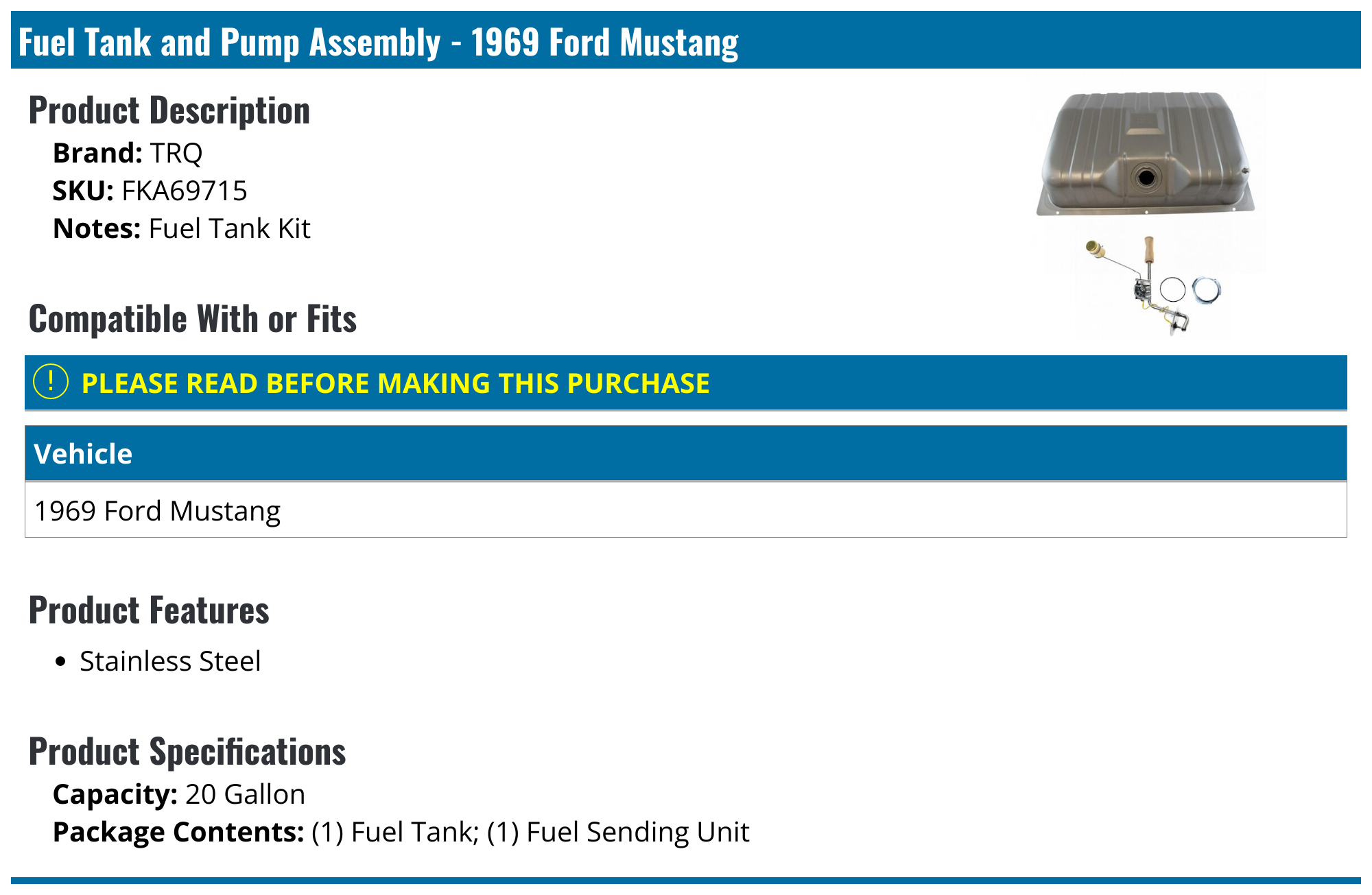 1969 Ford Mustang Fuel Tank - TRQ FKA69715 - PartsGeek.com