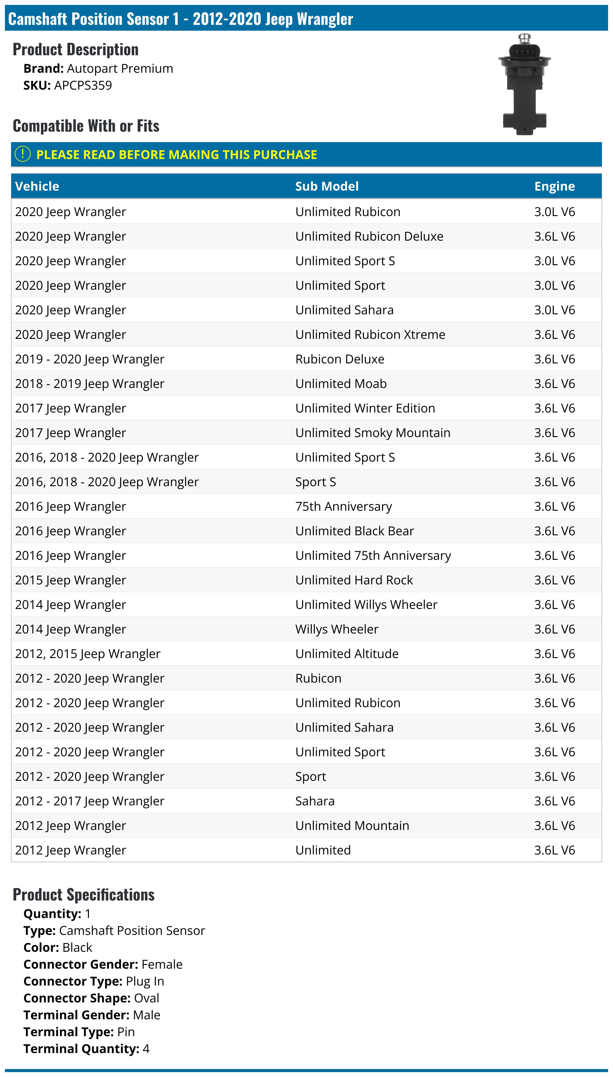 2012-2020 Jeep Wrangler Camshaft Position Sensor - Autopart Premium ...