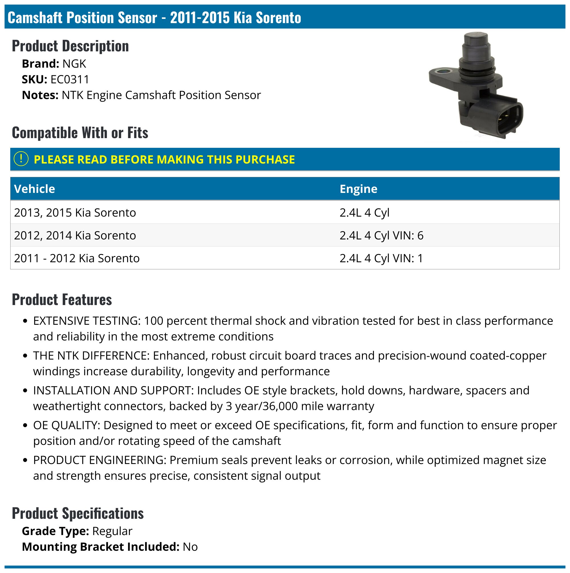 2011-2015 Kia Sorento Camshaft Position Sensor - NGK EC0311 - PartsGeek.com