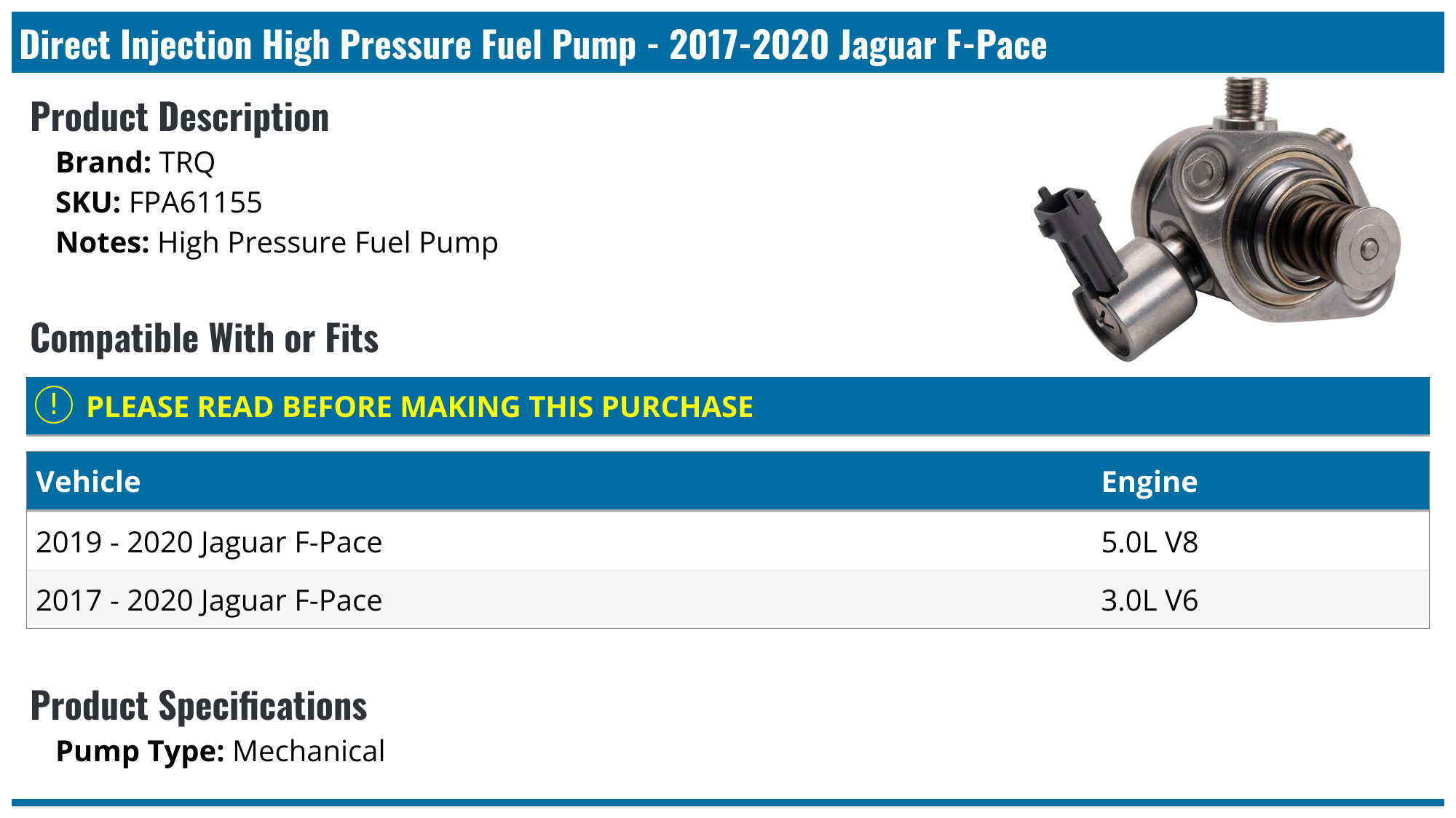 2017-2022 Jaguar F-Pace Fuel Pump - TRQ FPA61155 - PartsGeek.com