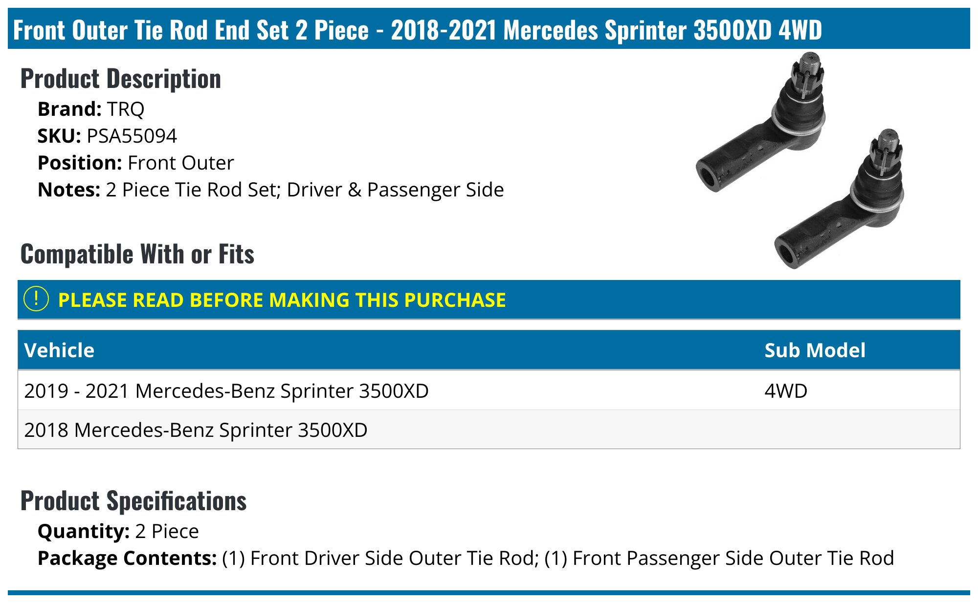 2018-2024 Mercedes Sprinter 3500XD Tie Rod End - TRQ PSA55094 - Front ...
