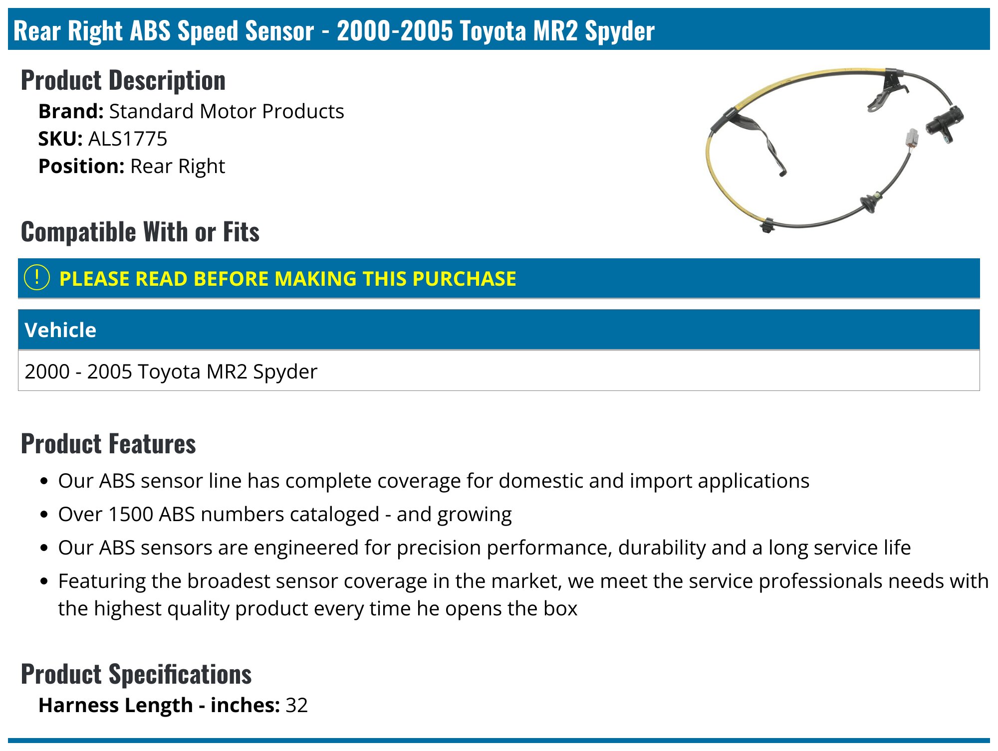 2000-2005 Toyota MR2 Spyder ABS Speed Sensor - Standard Motor Products ...