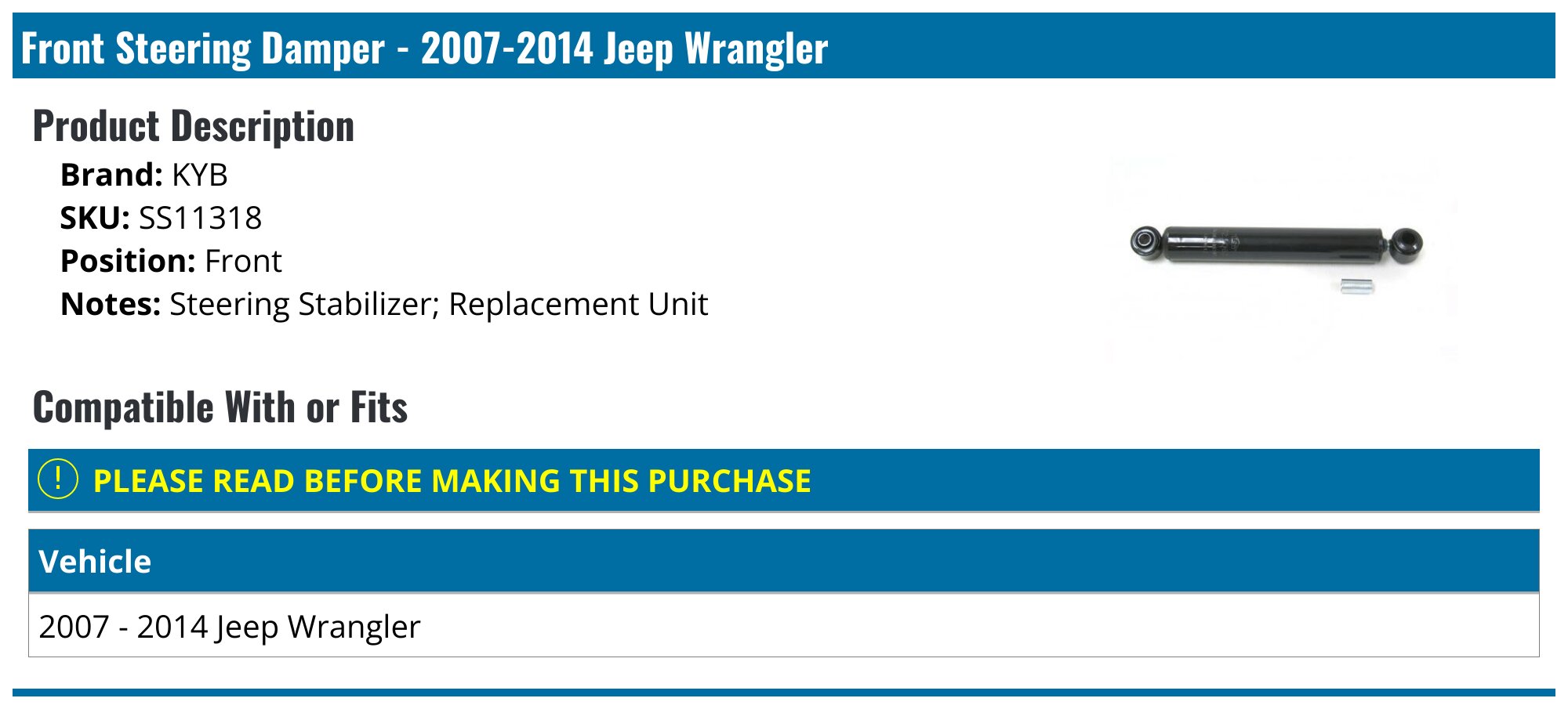 2007-2014 Jeep Wrangler Steering Damper - KYB SS11318 - Front ...