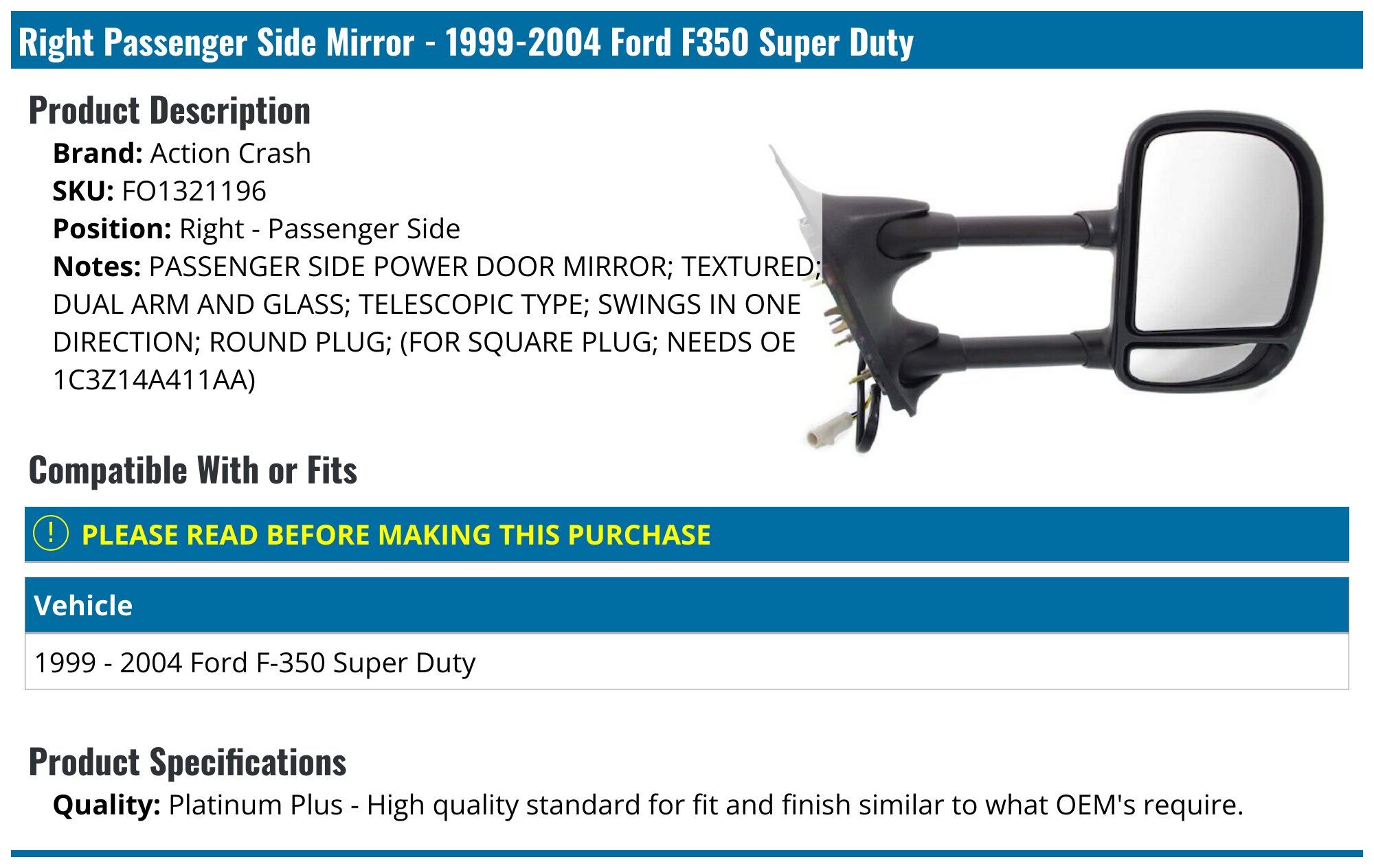 1999-2004 Ford F350 Super Duty Mirror - Action Crash FO1321196 - Right ...
