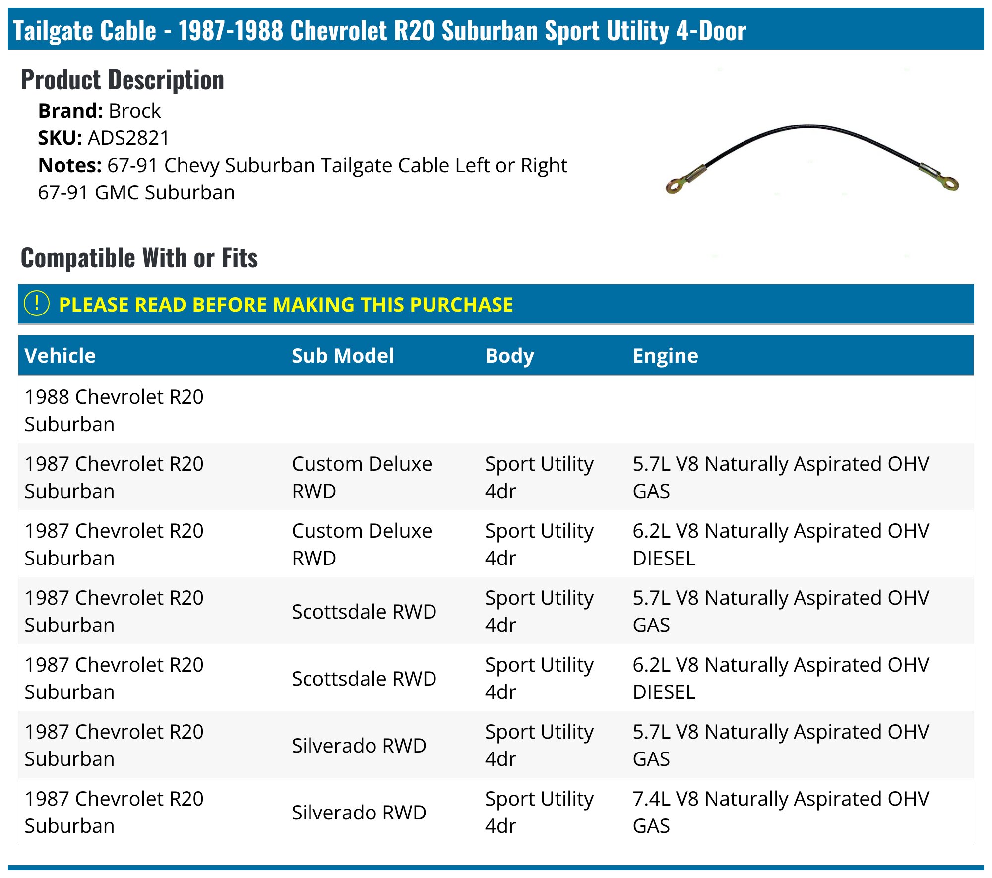 1987-1988 Chevrolet R20 Suburban Tailgate Cable - Brock ADS2821 ...