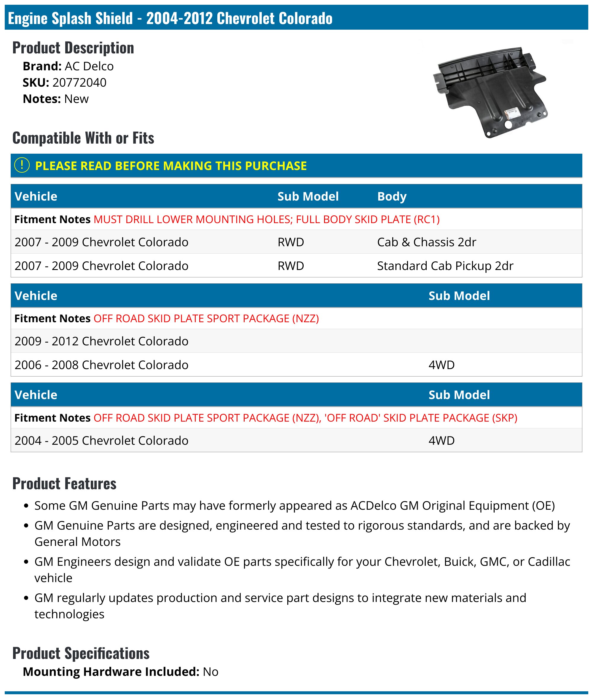 2004-2012 Chevrolet Colorado Lower Engine Cover - AC Delco 20772040 ...