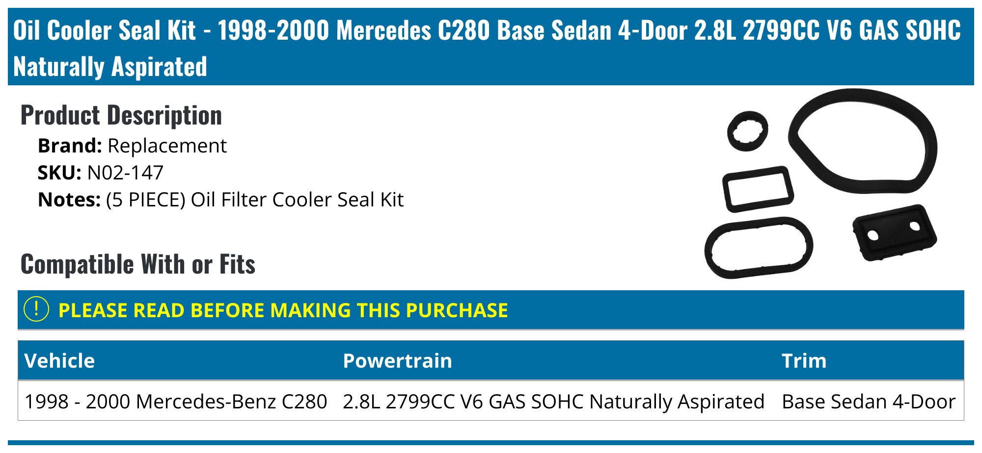 1998-2000 Mercedes C280 Oil Cooler Seal - Replacement N02-147 ...