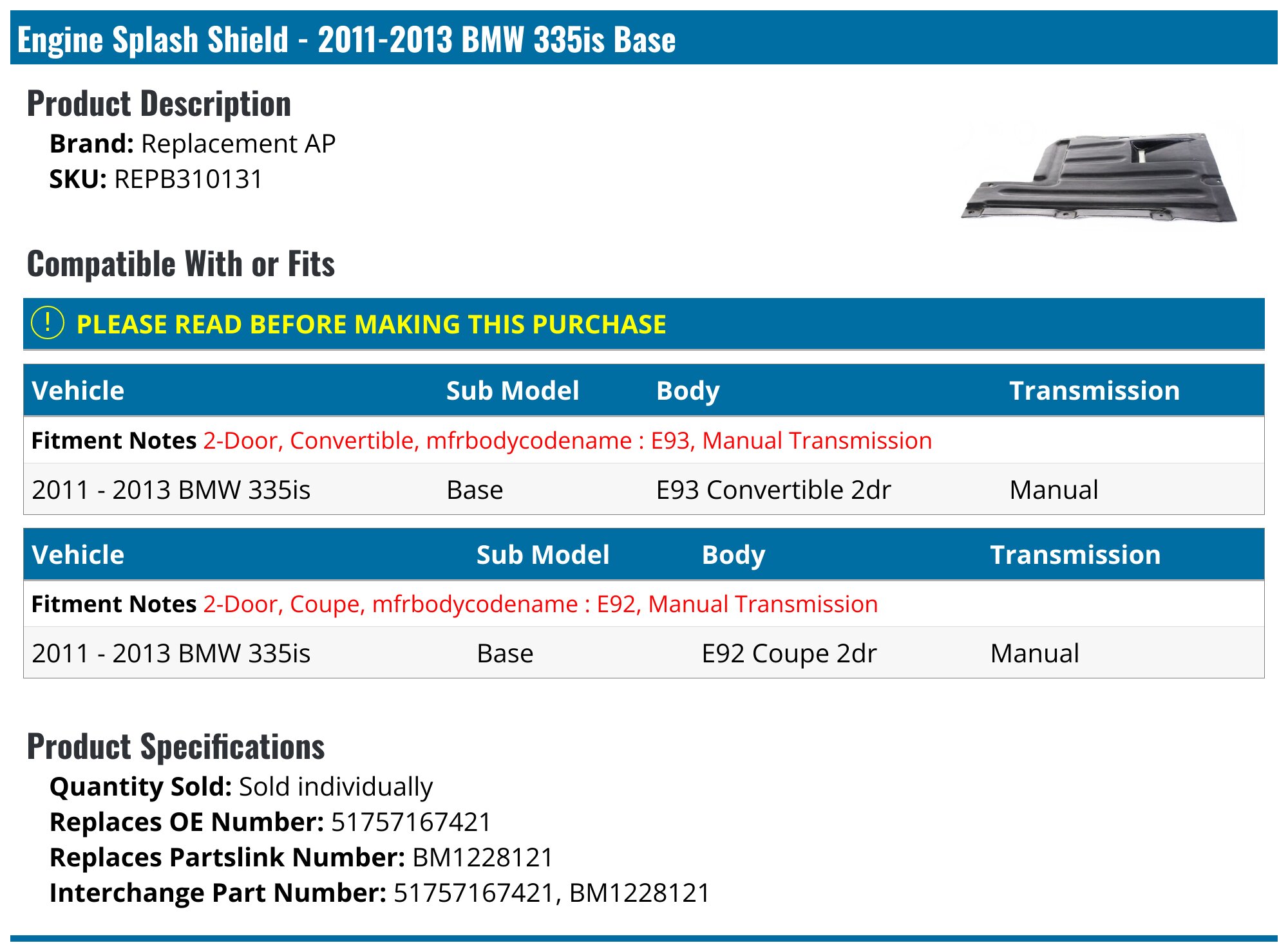 2011-2013 BMW 335is Lower Engine Cover - Replacement AP REPB310131 ...