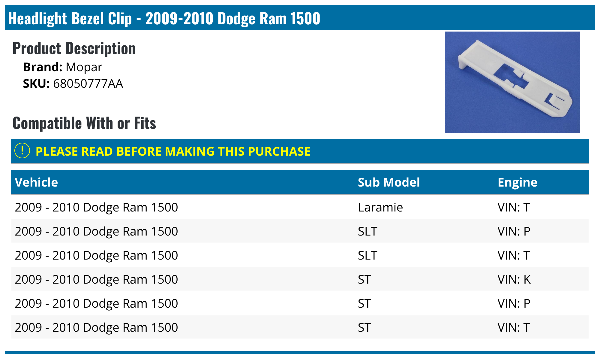 2009-2010 Dodge Ram 1500 Headlight Bezel Clip - Mopar 68050777AA ...