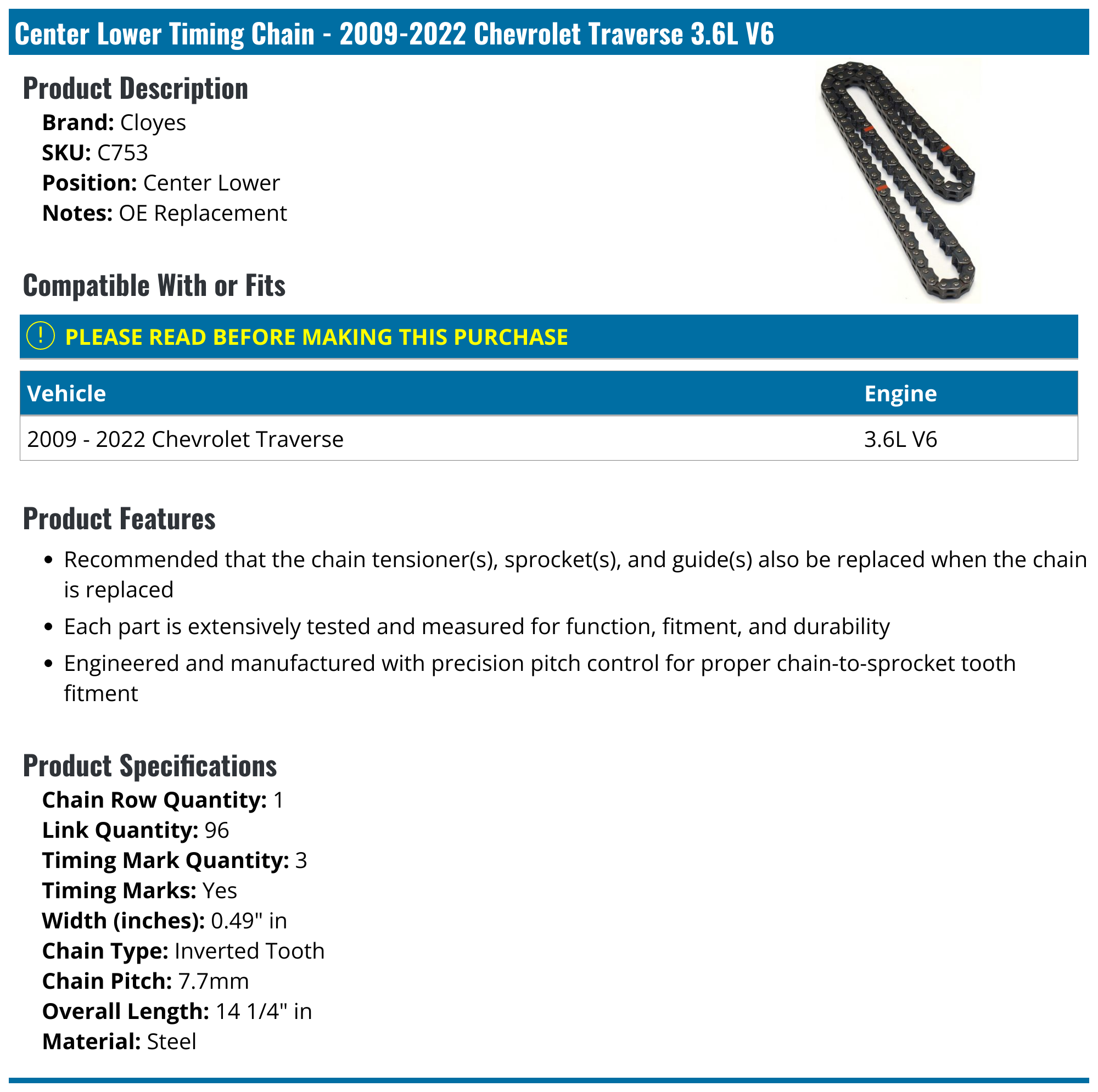 2009-2022 Chevrolet Traverse Timing Chain - Cloyes C753 - Center Lower ...