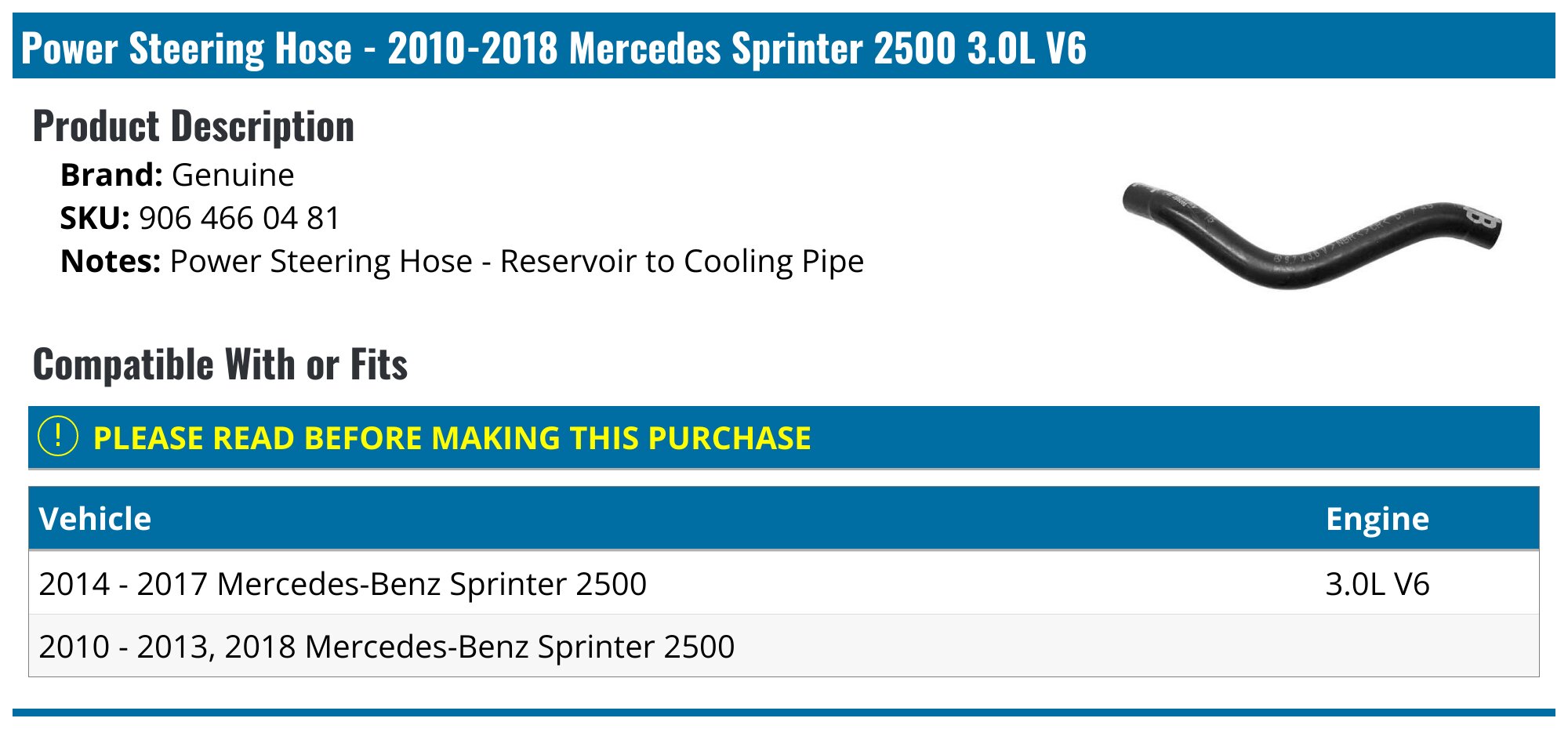2010-2018 Mercedes Sprinter 2500 Power Steering Hose - Genuine 906 466 ...