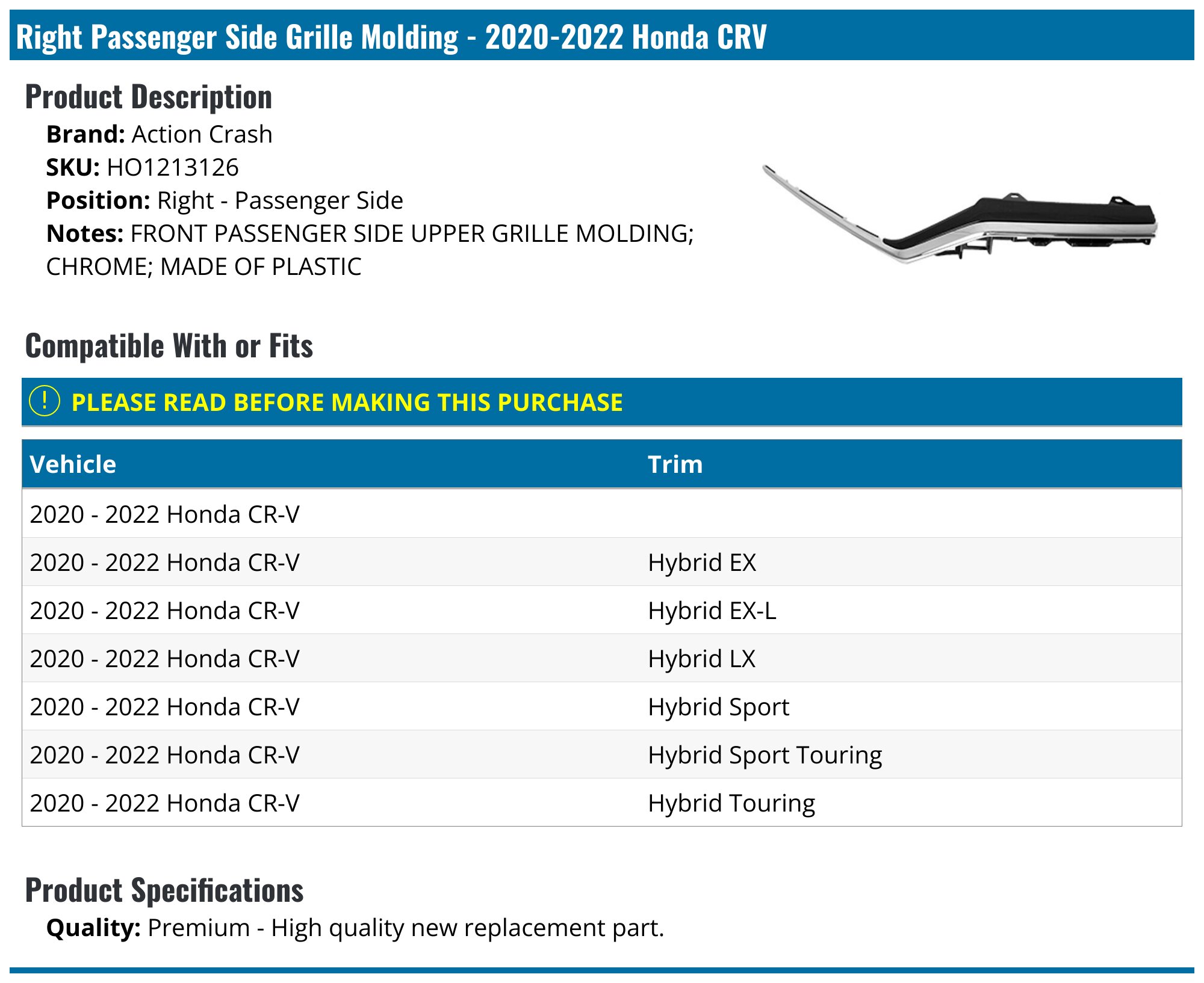 2020-2022 Honda CRV Grille Molding - Action Crash HO1213126 - Right ...