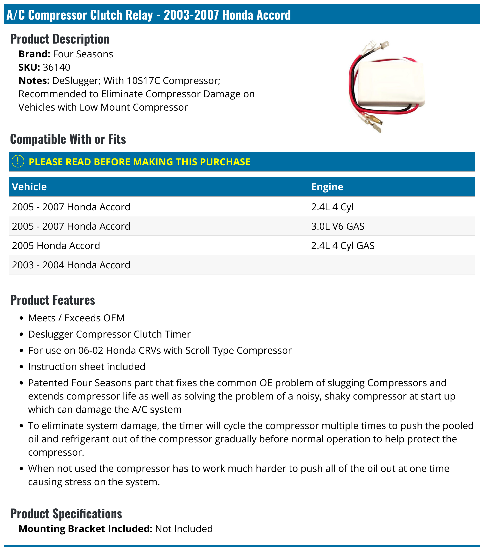 2003-2007 Honda Accord A/C Compressor Clutch Relay - Four Seasons 36140 ...