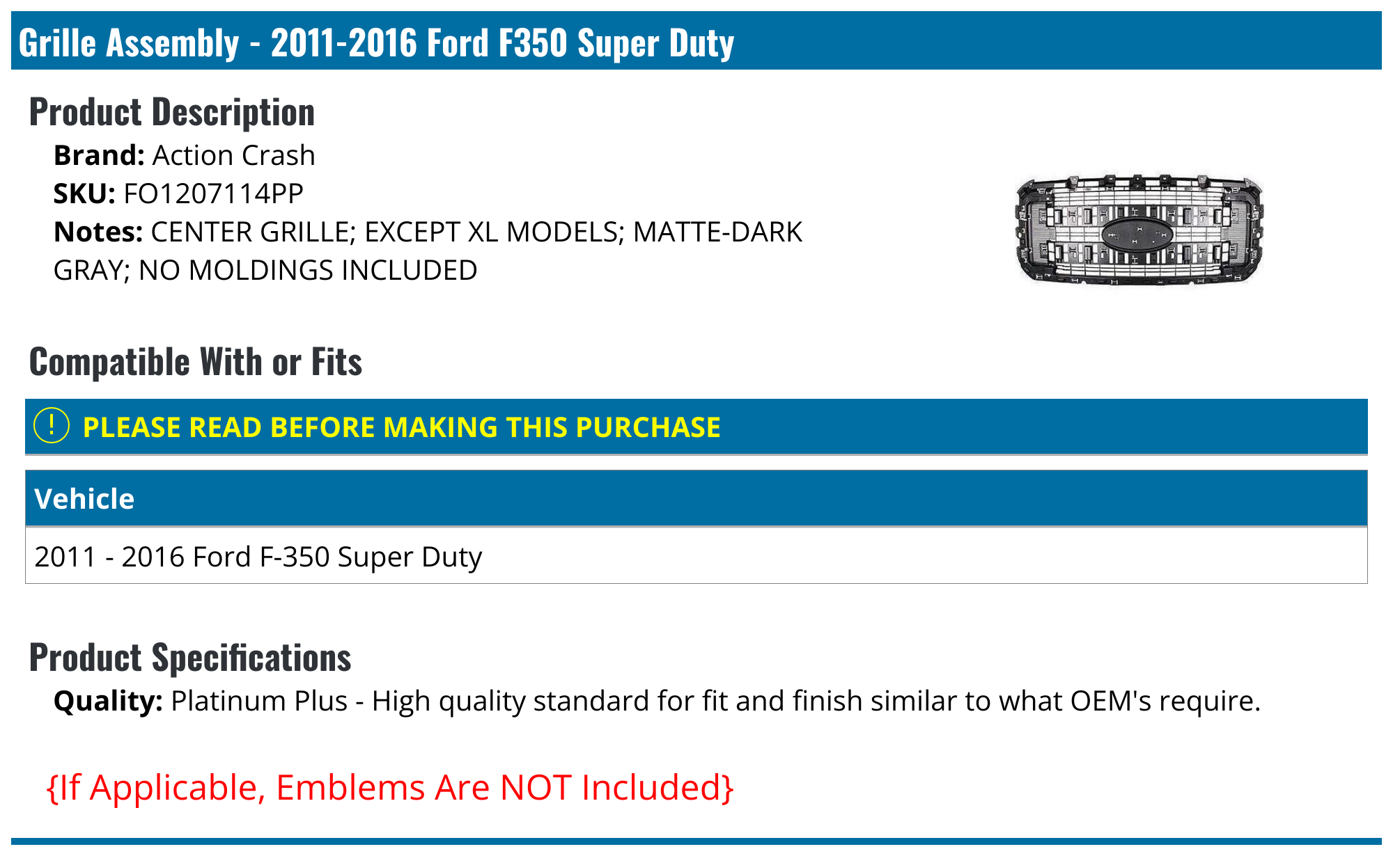 2011-2016 Ford F350 Super Duty Grille Assembly - Action Crash ...