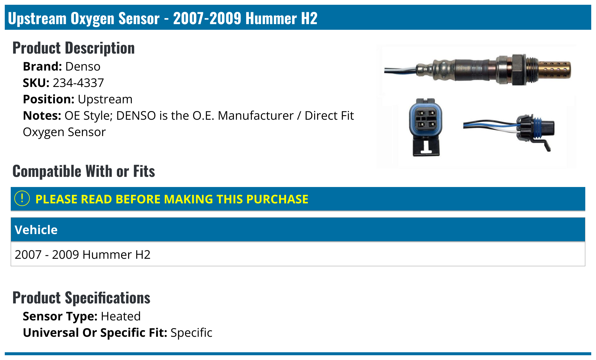 2007-2009 Hummer H2 Oxygen Sensor - Denso 234-4337 - Upstream ...