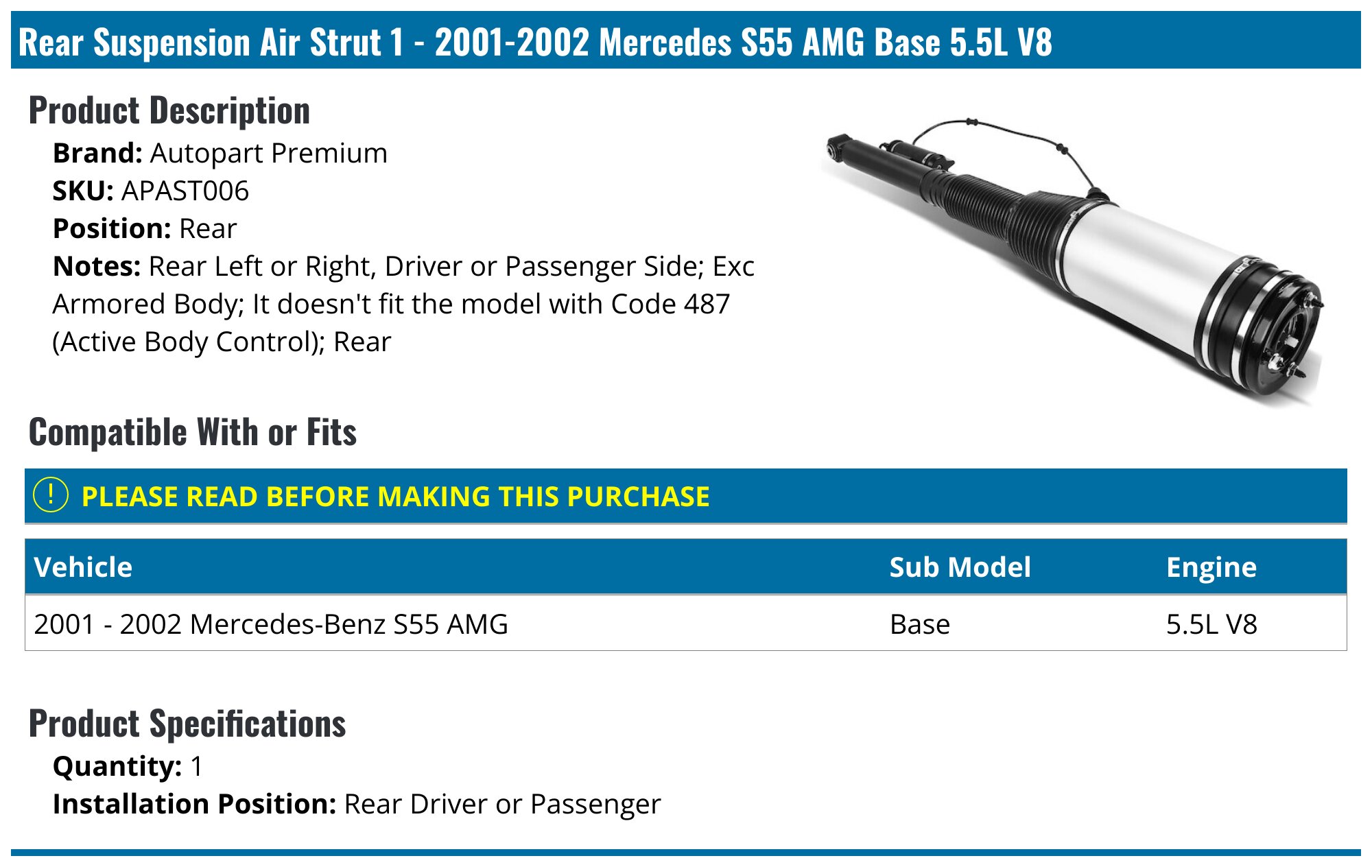 2001-2002 Mercedes S55 AMG Suspension Air Strut - Autopart Premium ...