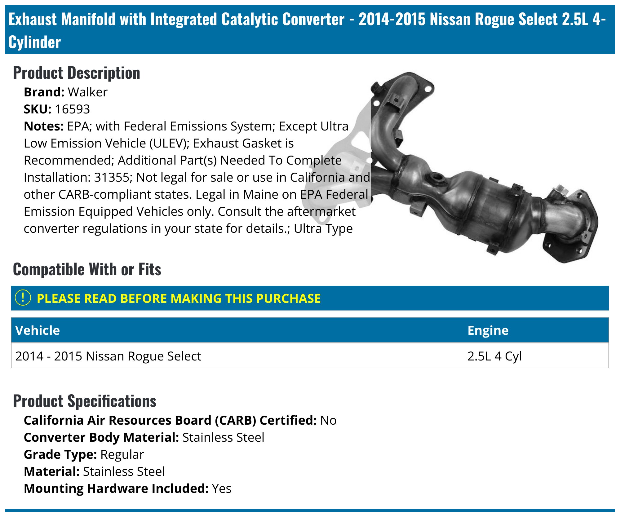 2014-2015 Nissan Rogue Select Catalytic Converter - Walker 16593 ...