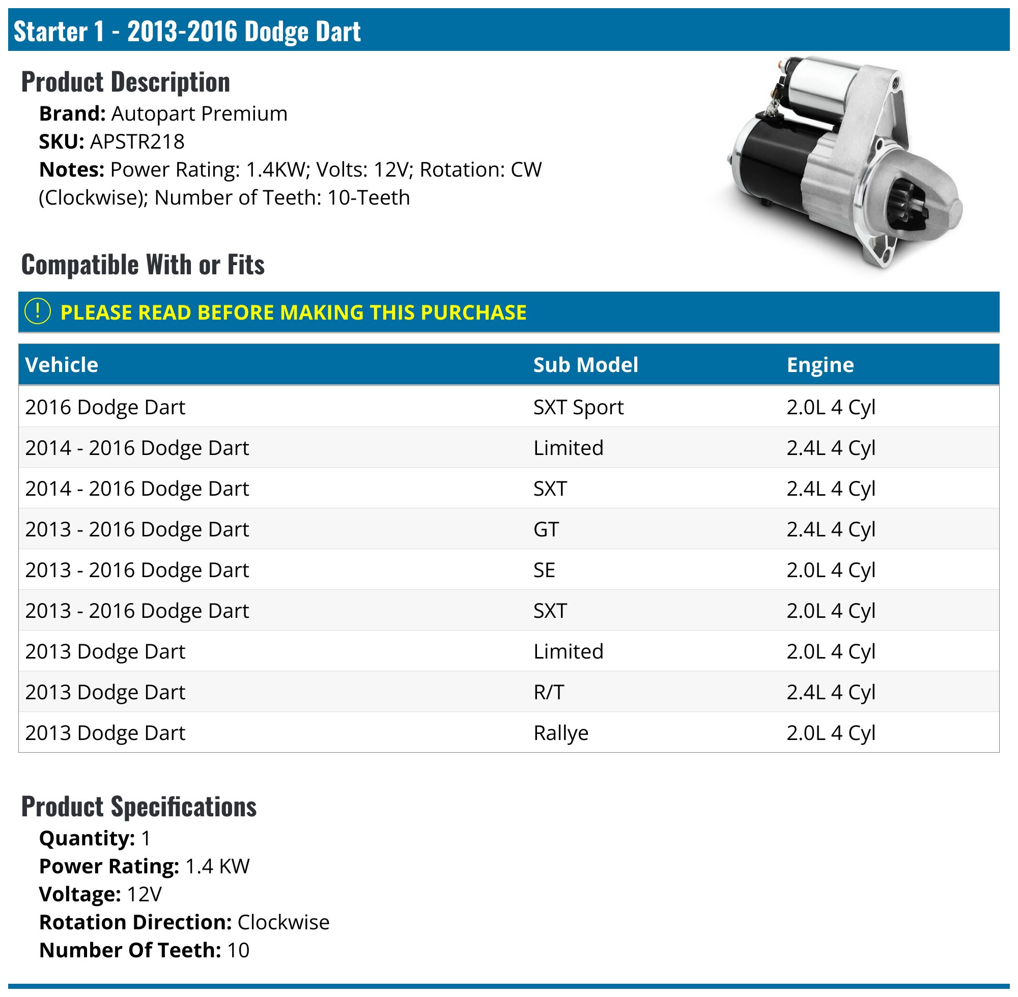 2013-2016 Dodge Dart Starter - Autopart Premium APSTR218 - PartsGeek.com