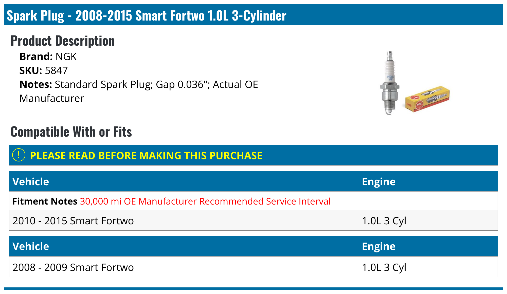 2008-2015 Smart Fortwo Spark Plug - NGK 5847 - PartsGeek.com
