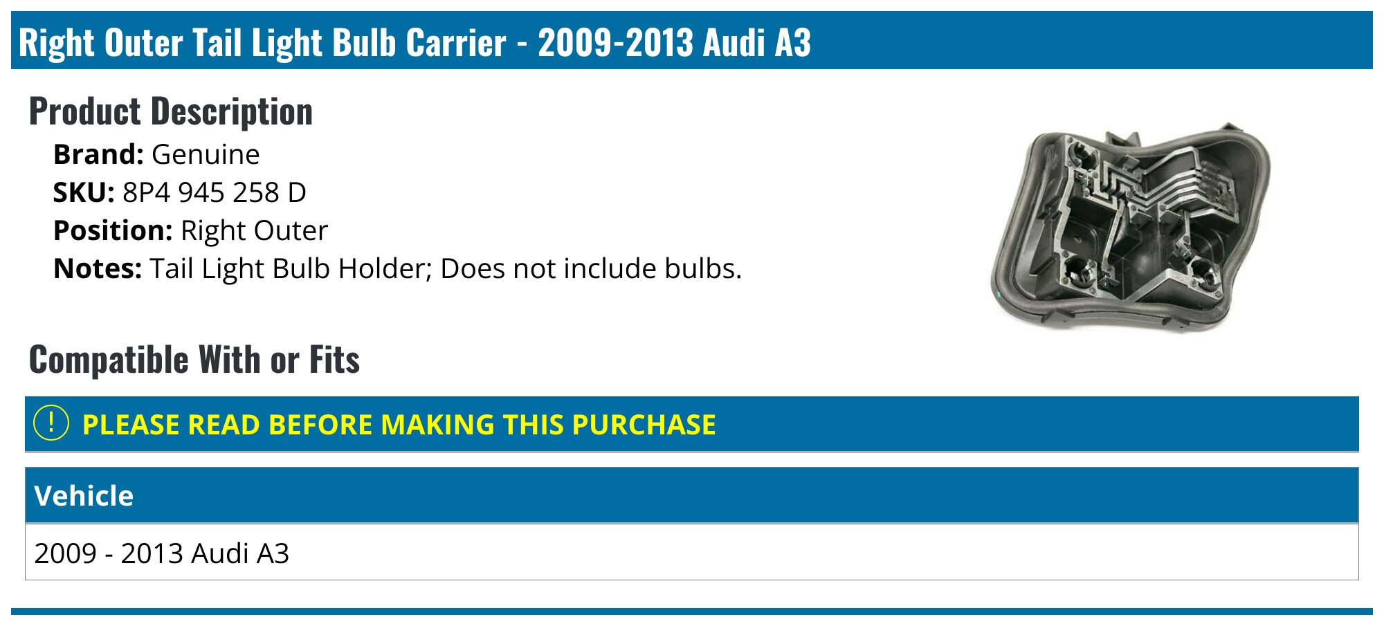 2009-2013 Audi A3 Tail Light Bulb Carrier - Genuine 8P4 945 258 D ...