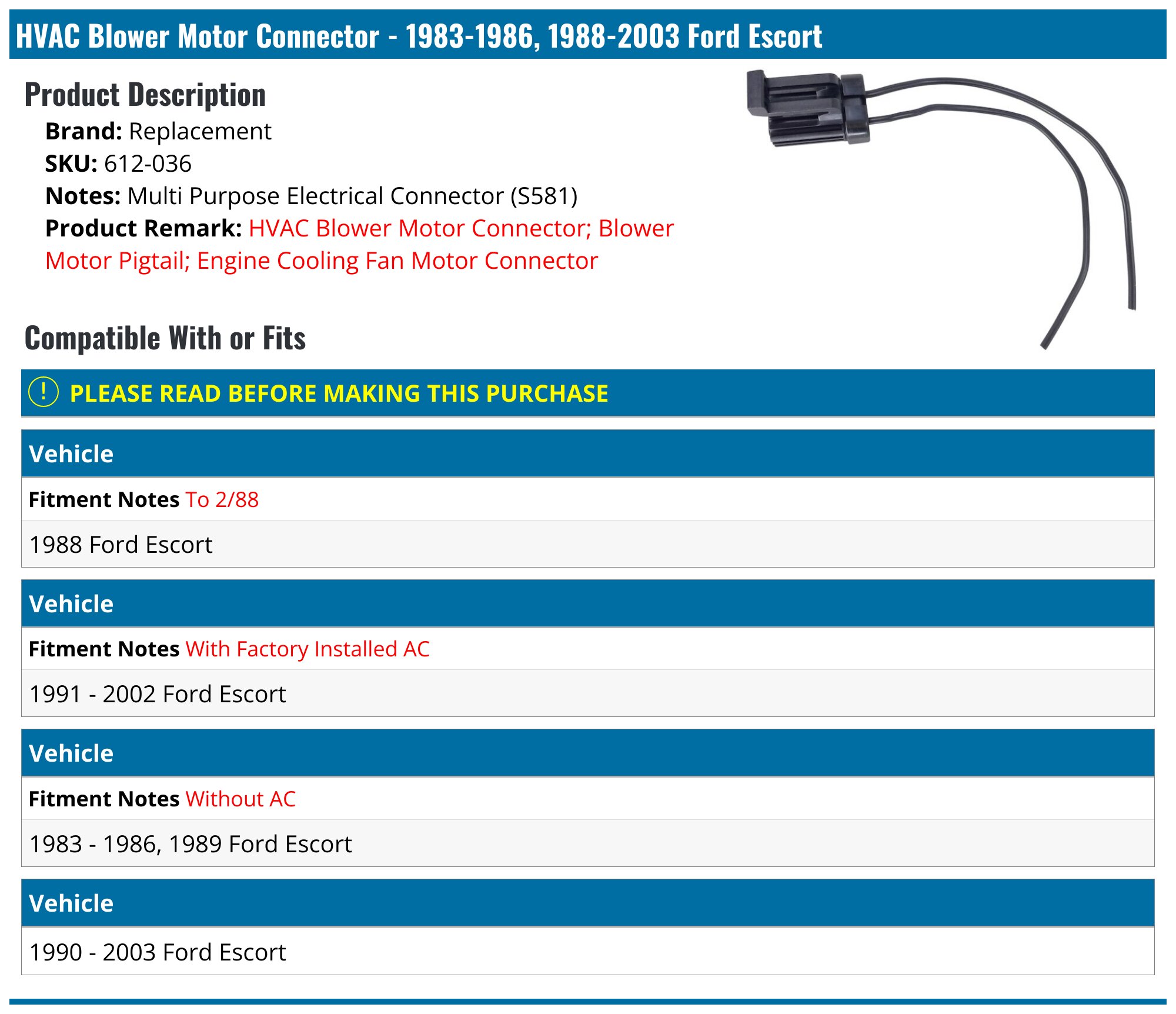 1983-1986, 1988-2003 Ford Escort HVAC Blower Motor Connector ...