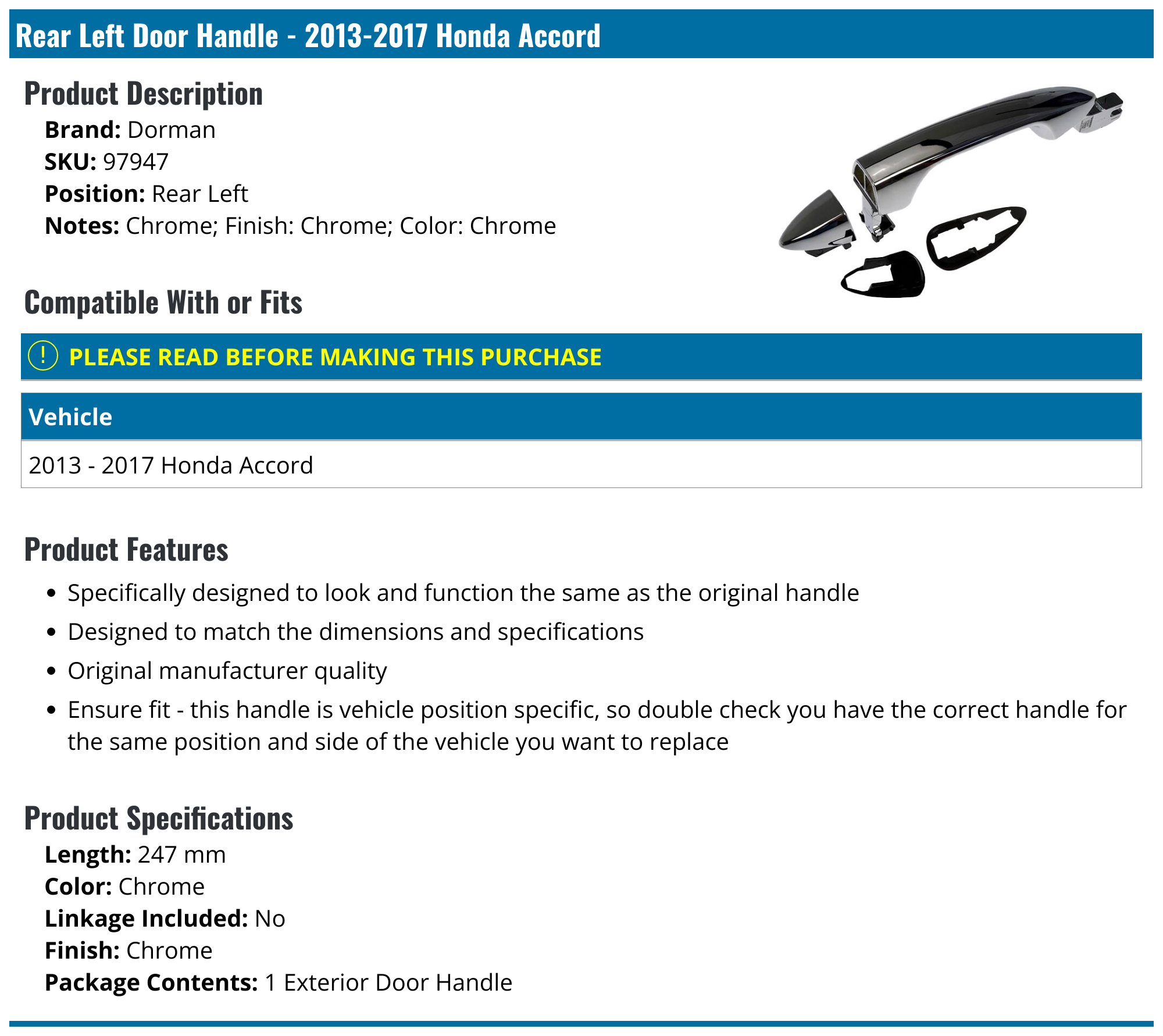 2013-2017 Honda Accord Door Handle - Dorman 97947 - Rear Left ...