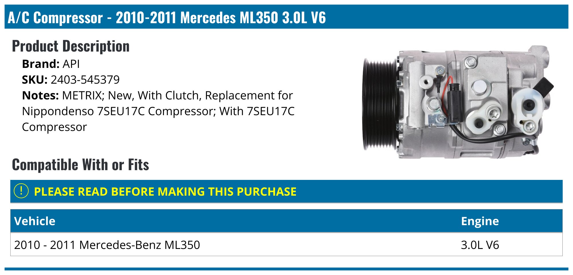 2010-2011 Mercedes ML350 A/C Compressor - API 96037-02030054 ...