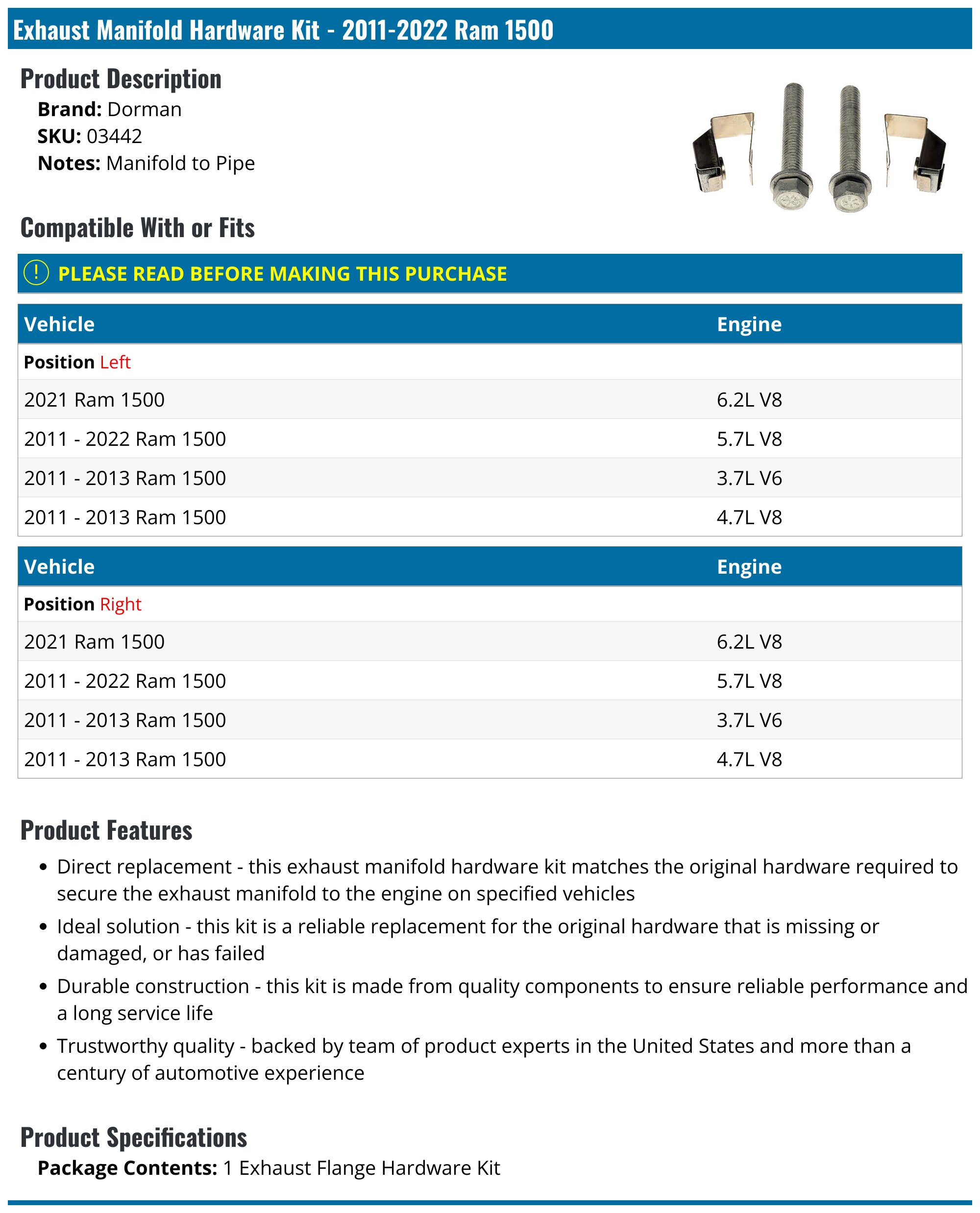2011-2022 Ram 1500 Exhaust Manifold - Dorman 03442 - Right - PartsGeek.com