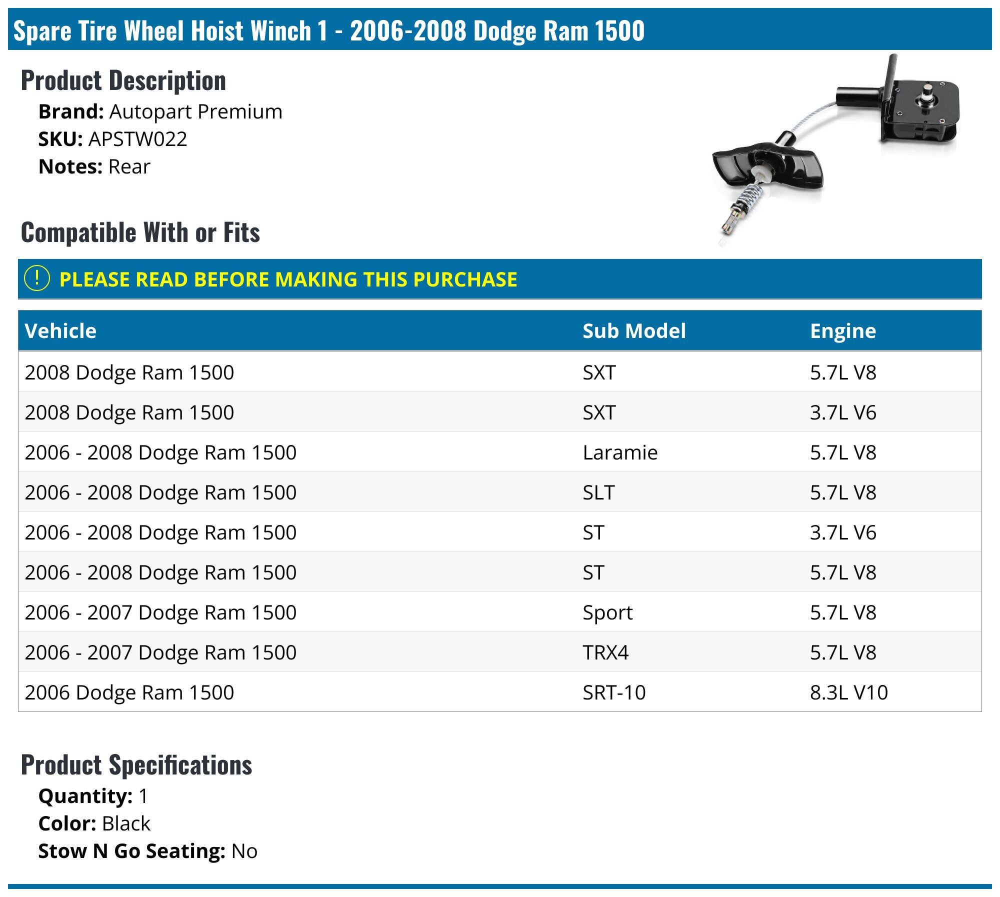 2006-2008 Dodge Ram 1500 Spare Tire Hoist - Autopart Premium APSTW022 ...