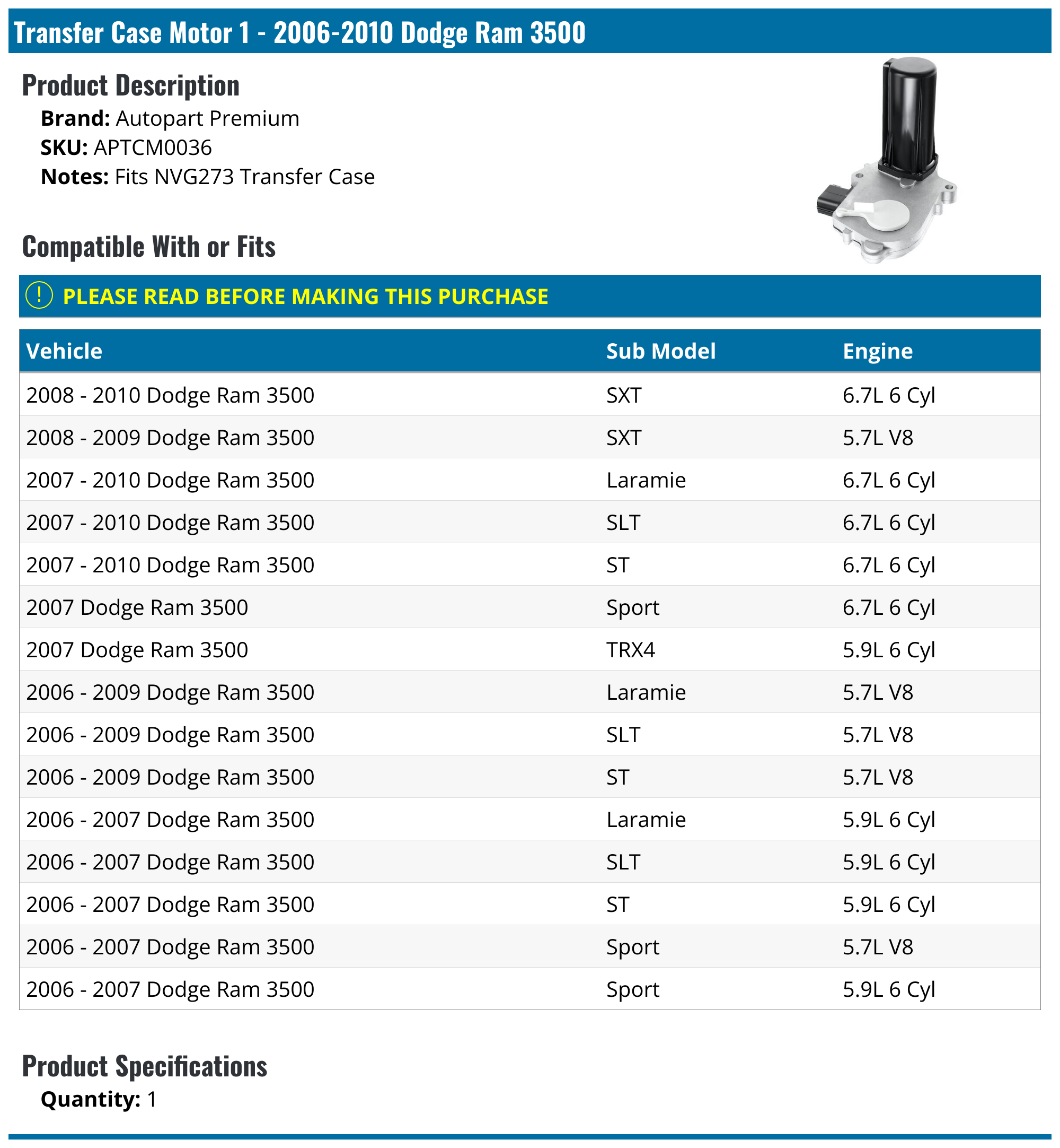 2006-2010 Dodge Ram 3500 Transfer Case Motor - Autopart Premium ...