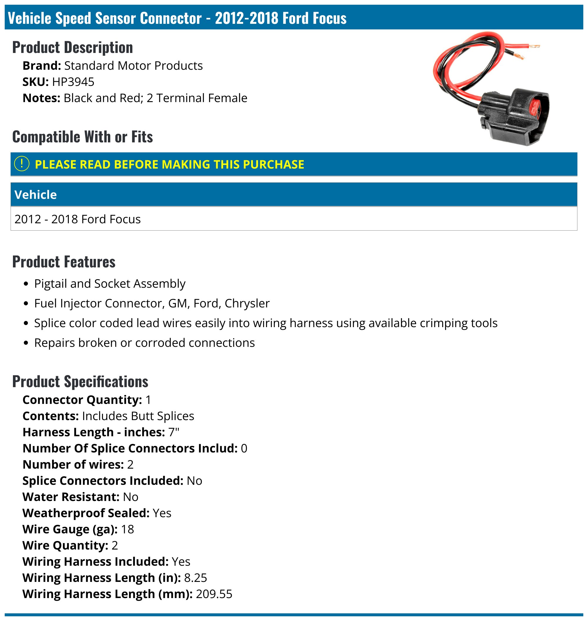 2012-2018 Ford Focus Vehicle Speed Sensor Connector - Standard Motor ...