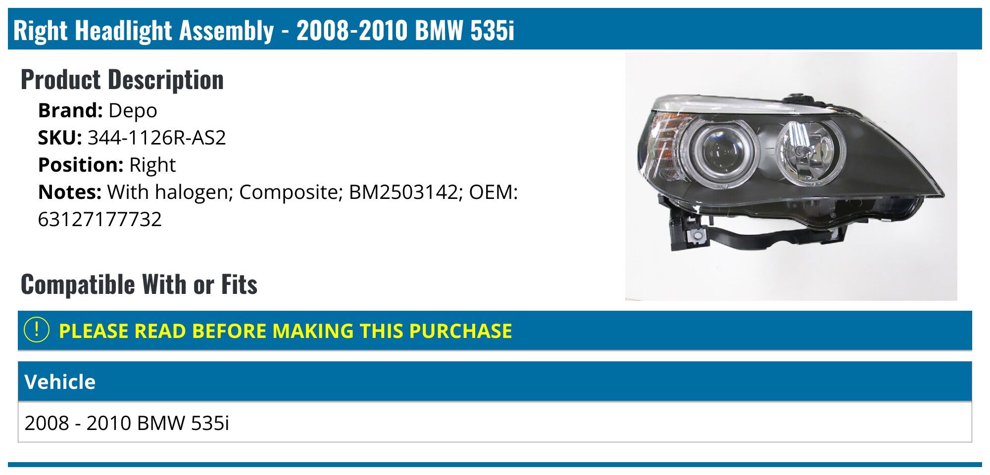 2008-2010 BMW 535i Headlight Assembly - Depo 344-1126R-AS2 - Right ...